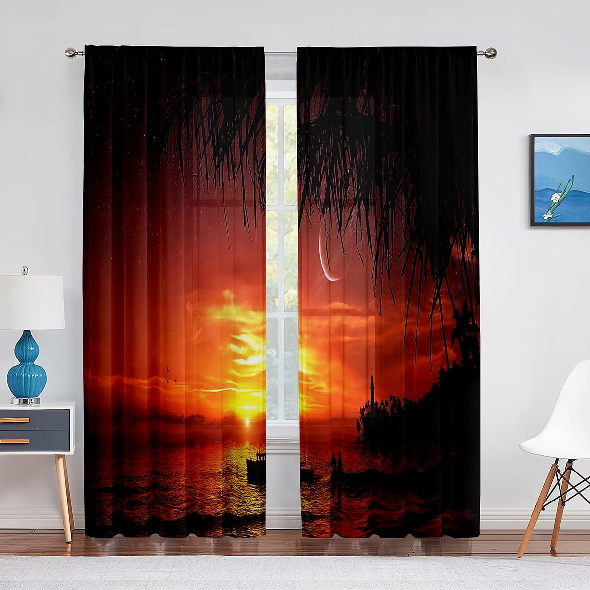 Ocean Sunset Tree Dusk Sky Seaside Sheer Voile Curtain for Living Room ...