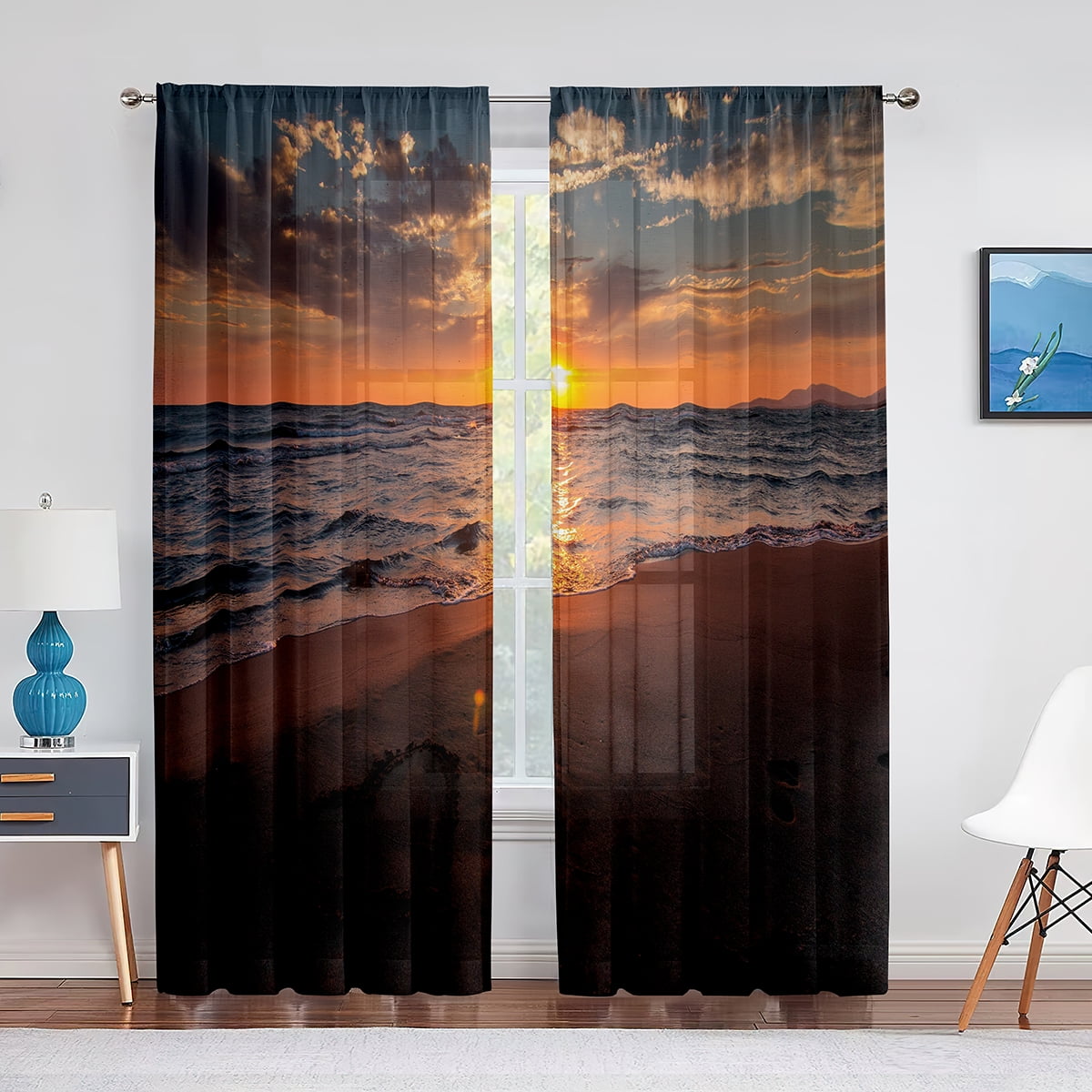 Ocean Sunset Tree Dusk Sky Seaside Sheer Voile Curtain for Living Room ...