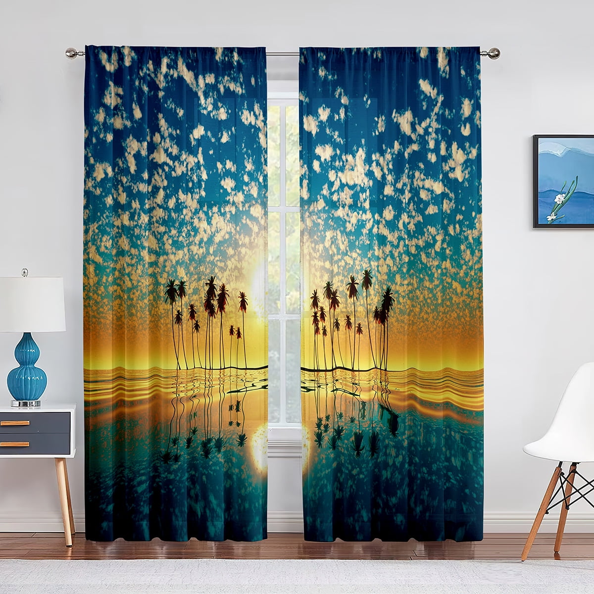 Ocean Sunset Tree Dusk Sky Seaside Sheer Voile Curtain for Living Room ...