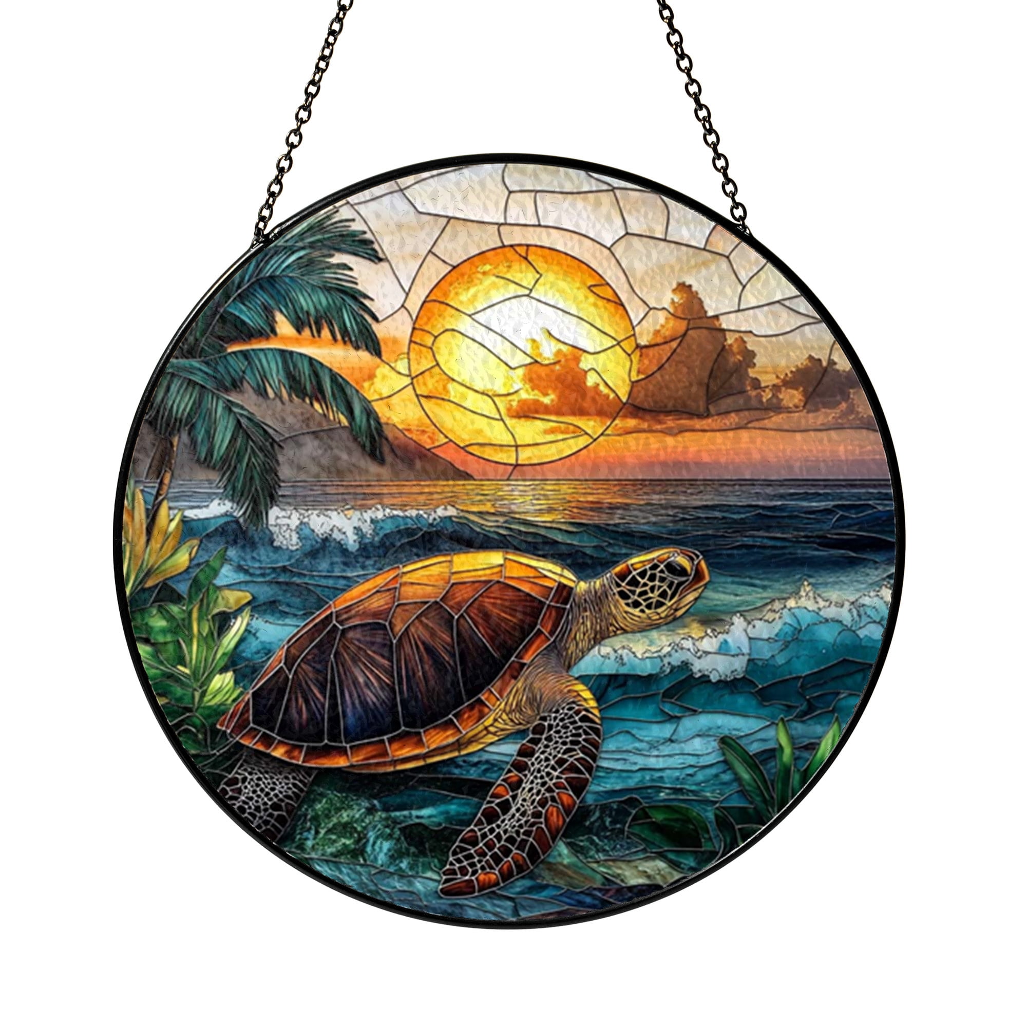 Ocean Sunset Turtle Stained Glass Style Suncatcher, Decorative Coastal ...