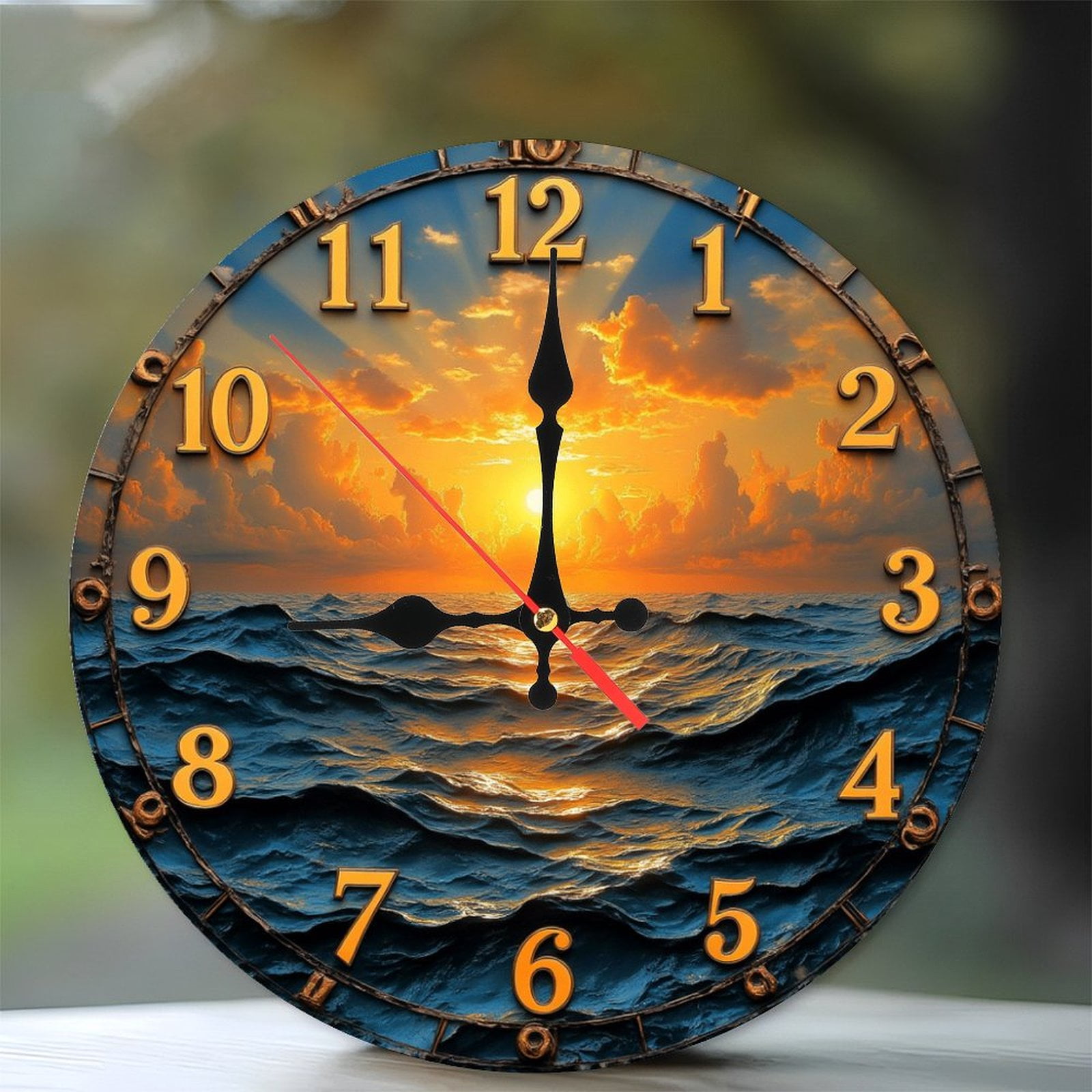 Ocean Sunset Wall Clock Beautiful Sunrise Sea Waves Decor 10-Inch Silent Wooden Wall Clock ...