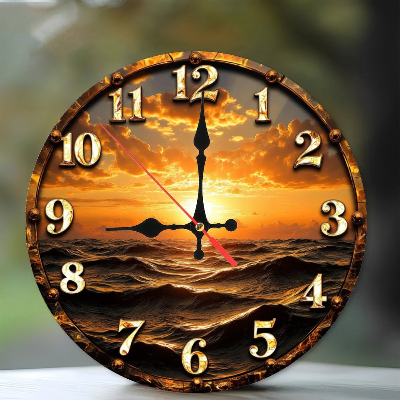 Ocean Sunset Wall Clock Golden Numbers Home Decor 10-Inch Silent Wooden Wall Clock, Battery ...