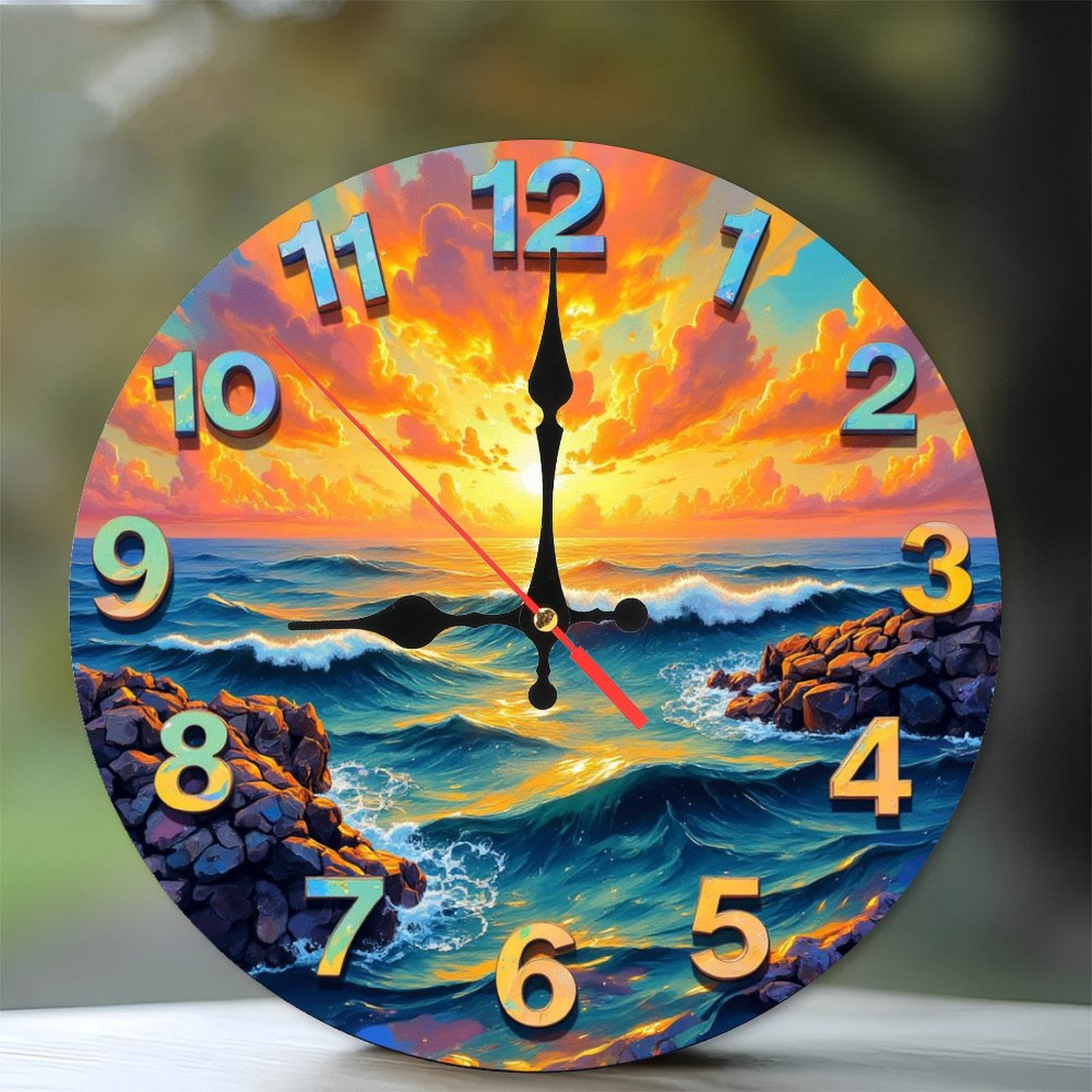 Ocean Sunset Wall Clock， Seascape Decor， Coastal Home Decor 10-Inch Silent Wooden Wall Clock ...
