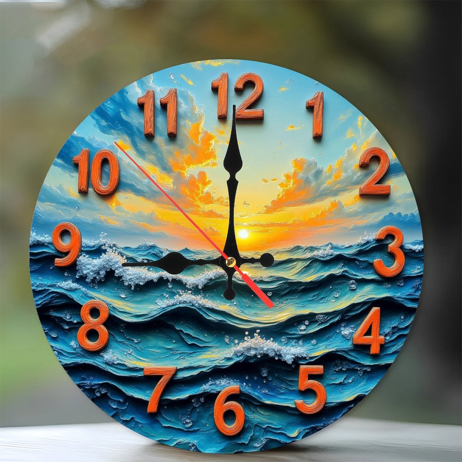 Ocean Sunset Wall Clock Textured Art Home Decor 10-Inch Silent Wooden ...