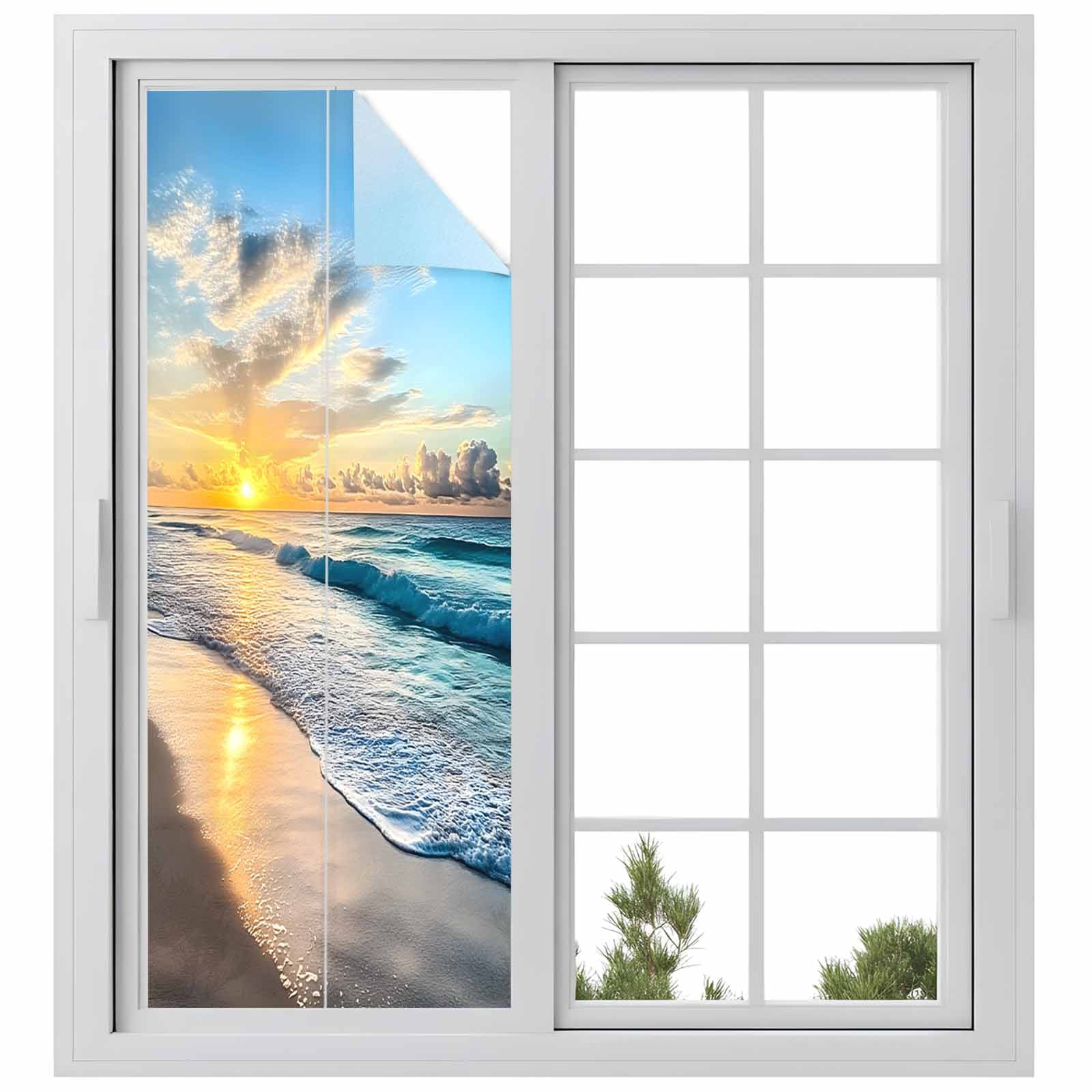 Ocean Sunset Window Privacy Film, Beach Blue Sky Coastal Seashore ...
