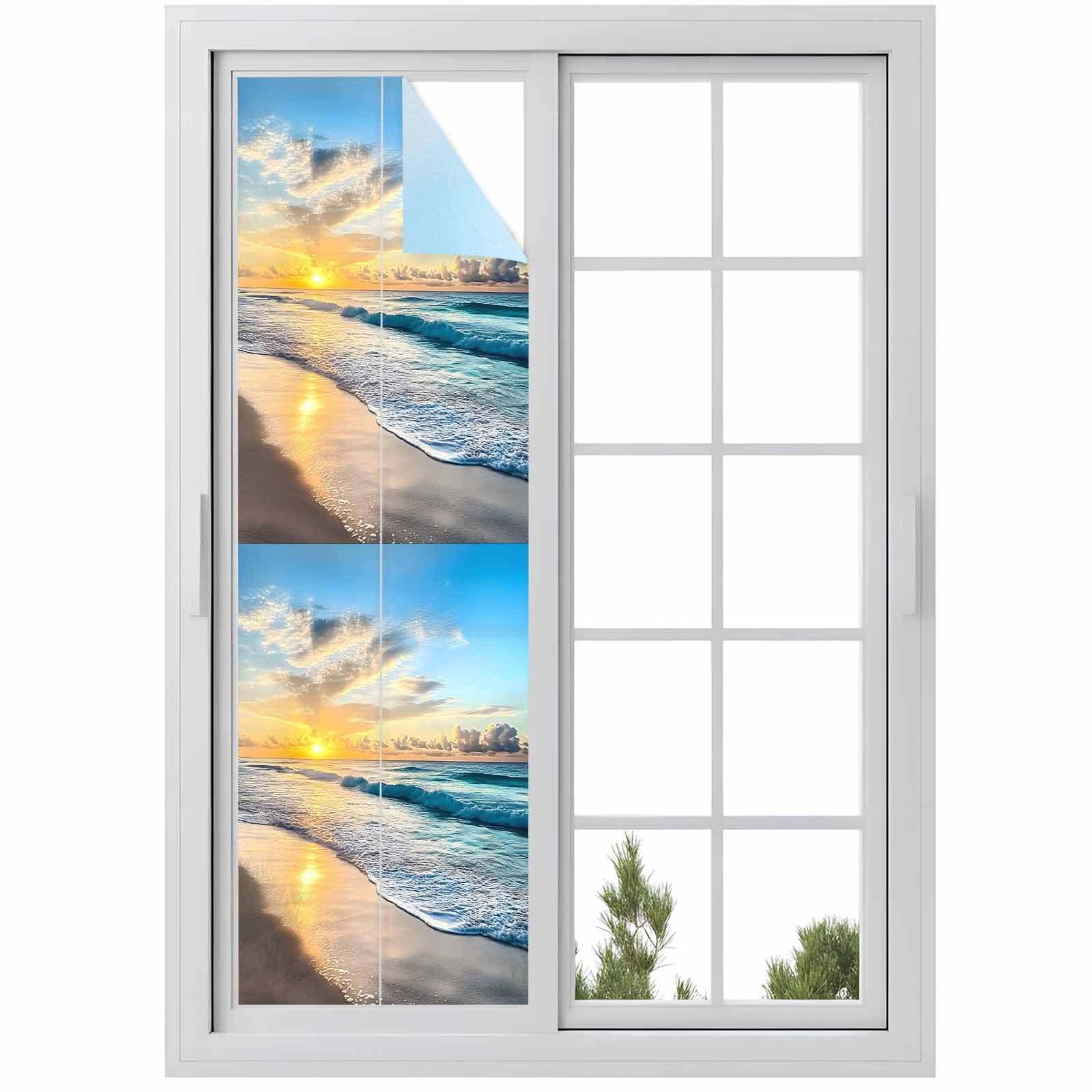 Ocean Sunset Window Privacy Film, Beach Blue Sky Coastal Seashore ...