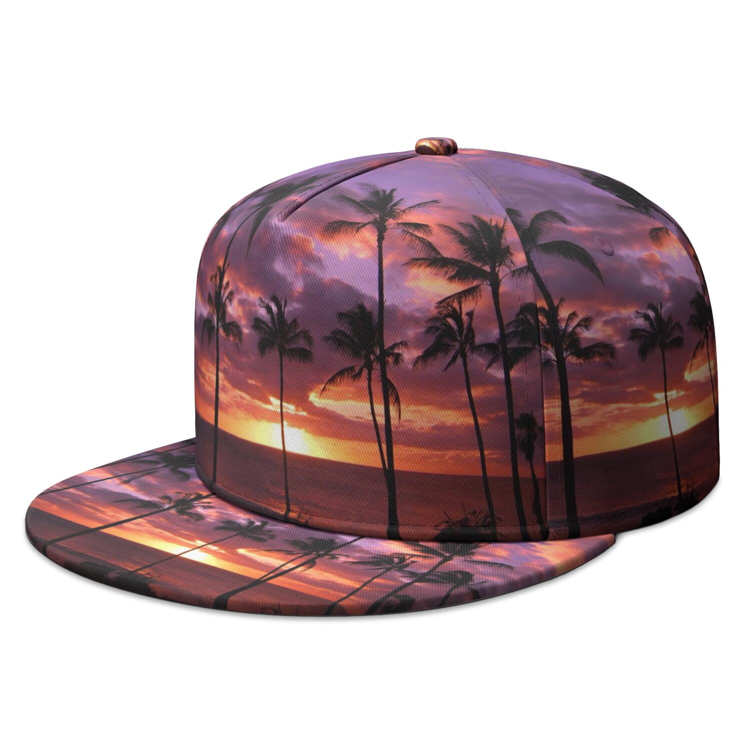 Ocean Sunset with Palm Trees Flat Visor Hat - Full Panel Snapback Cap ...