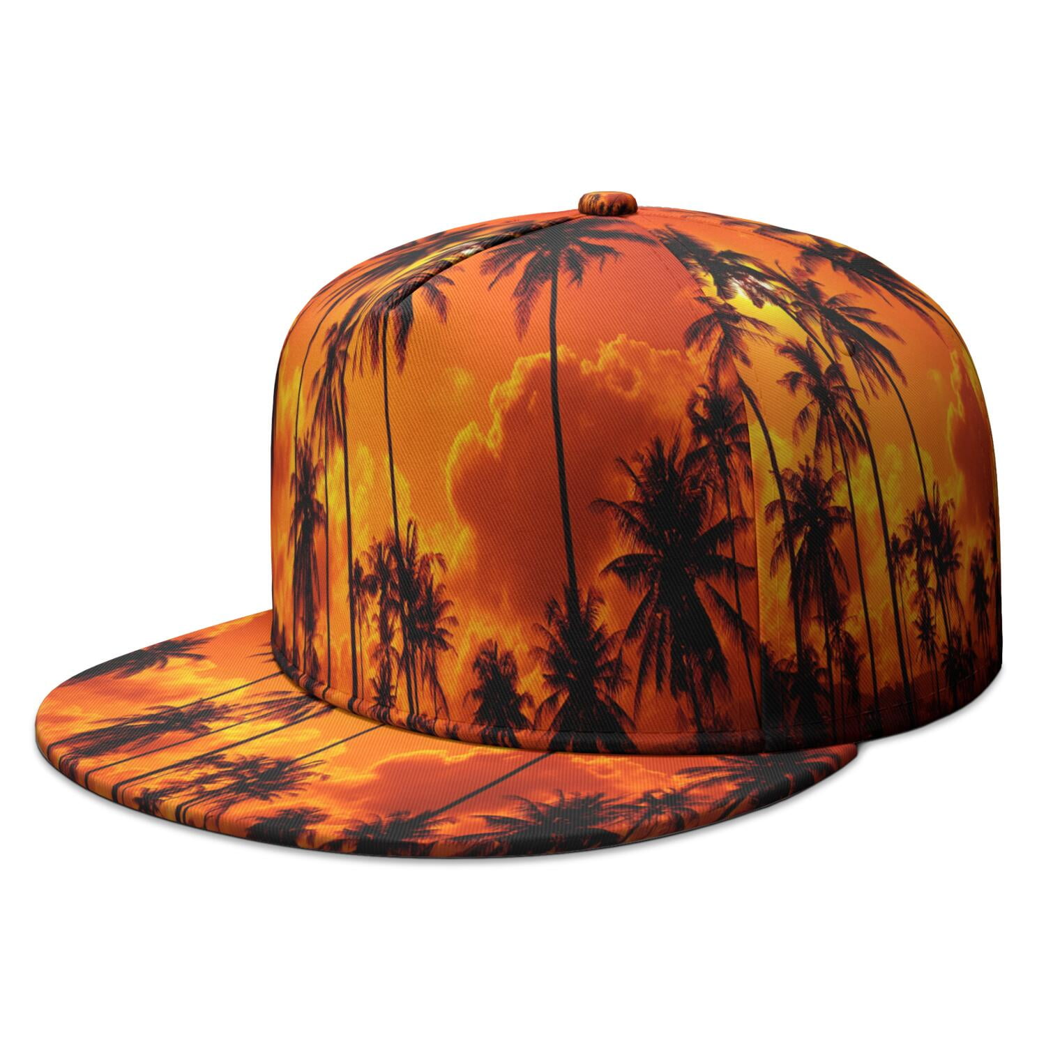 Ocean Sunset with Palm Trees Flat Visor Hat - Full Panel Snapback Cap ...