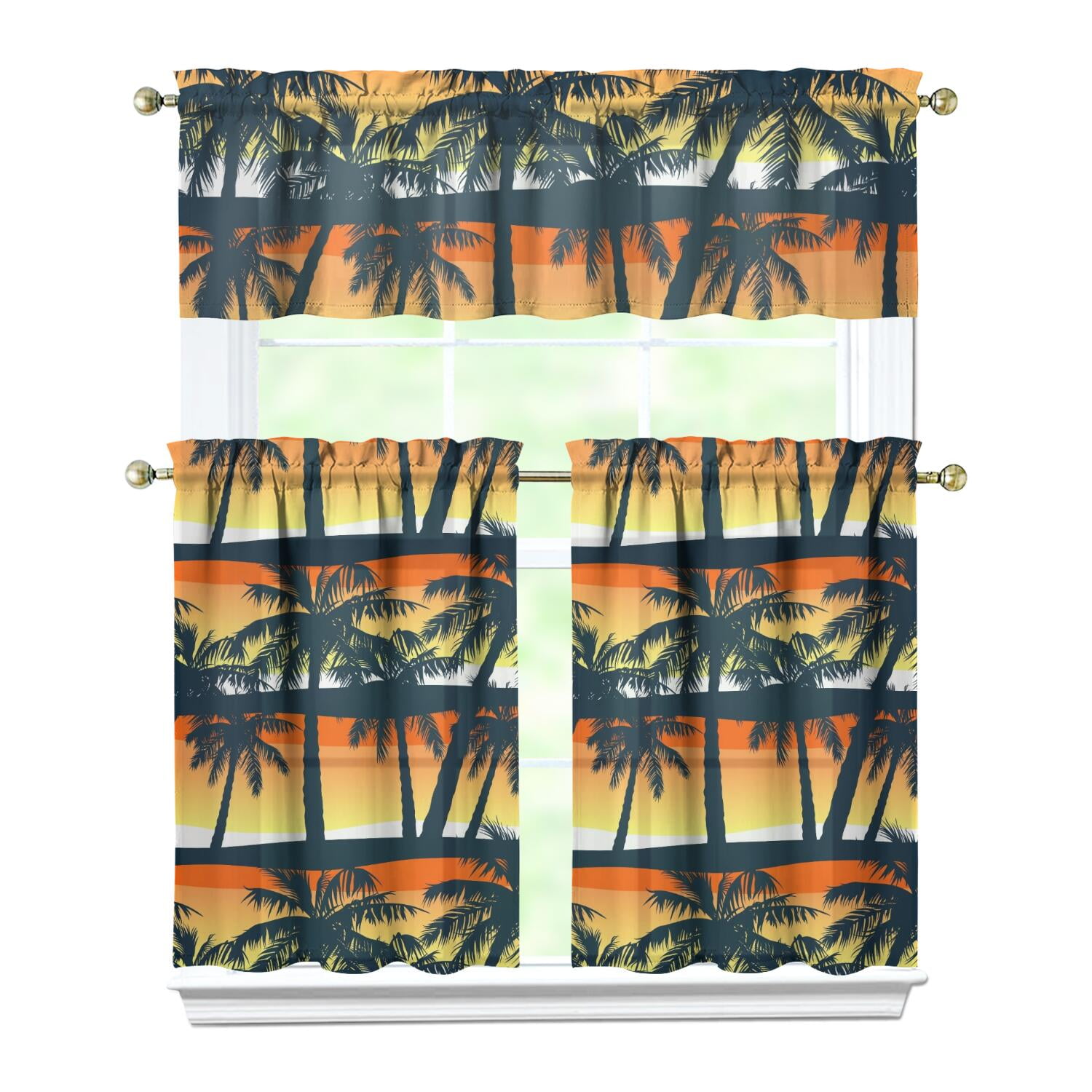 Ocean Sunset with Palm Trees Kitchen Curtains Set, Rod Pocket Tier and ...