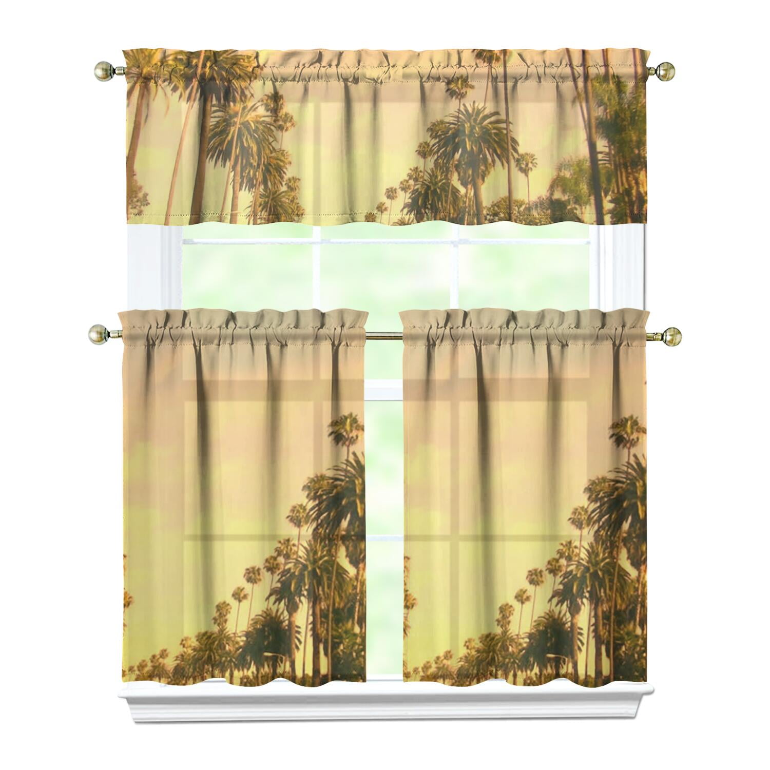 Ocean Sunset with Palm Trees Kitchen Curtains Set, Rod Pocket Tier and ...