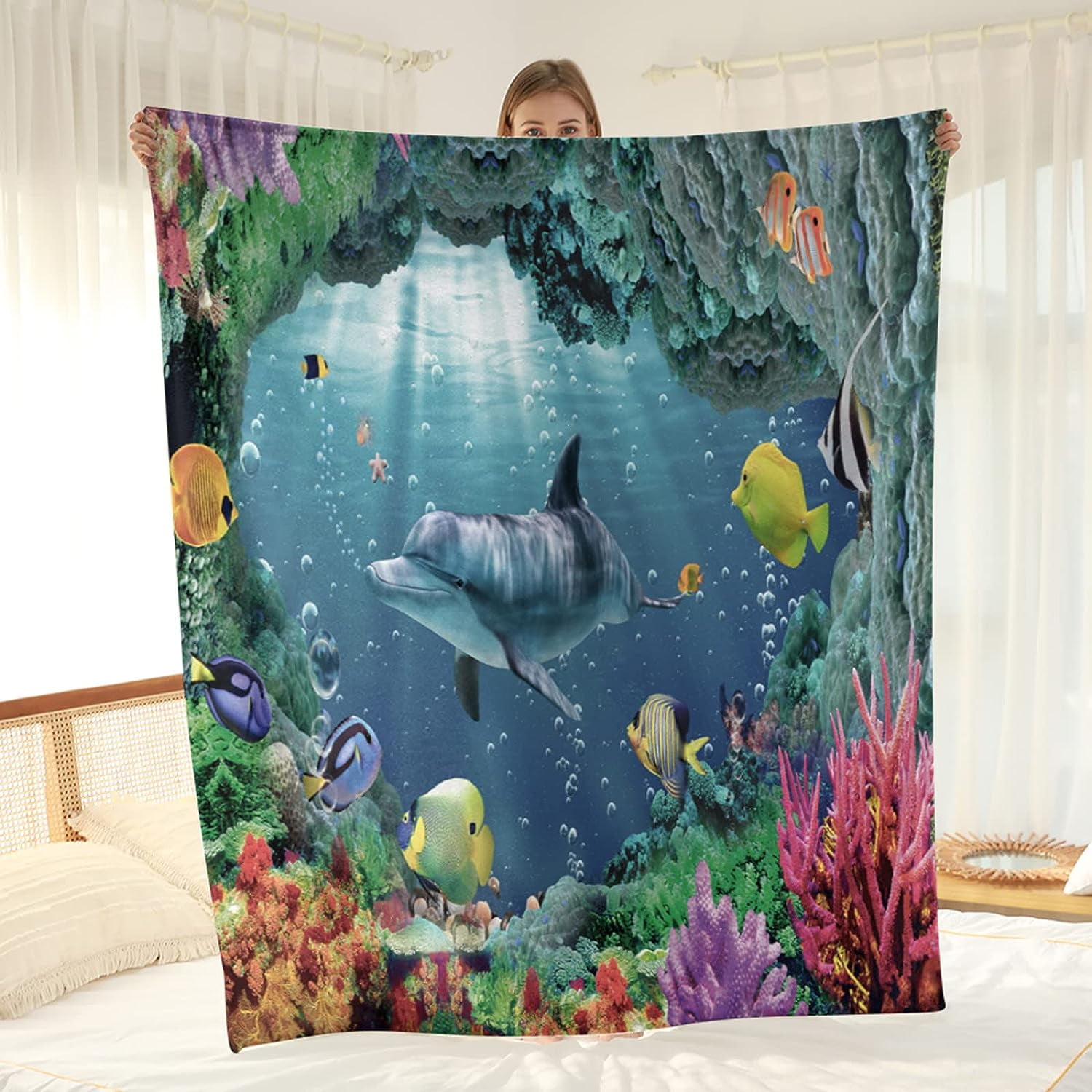 Ocean Swimming Dolphin Fish Blanket Underwater World Colorful Sea Life ...