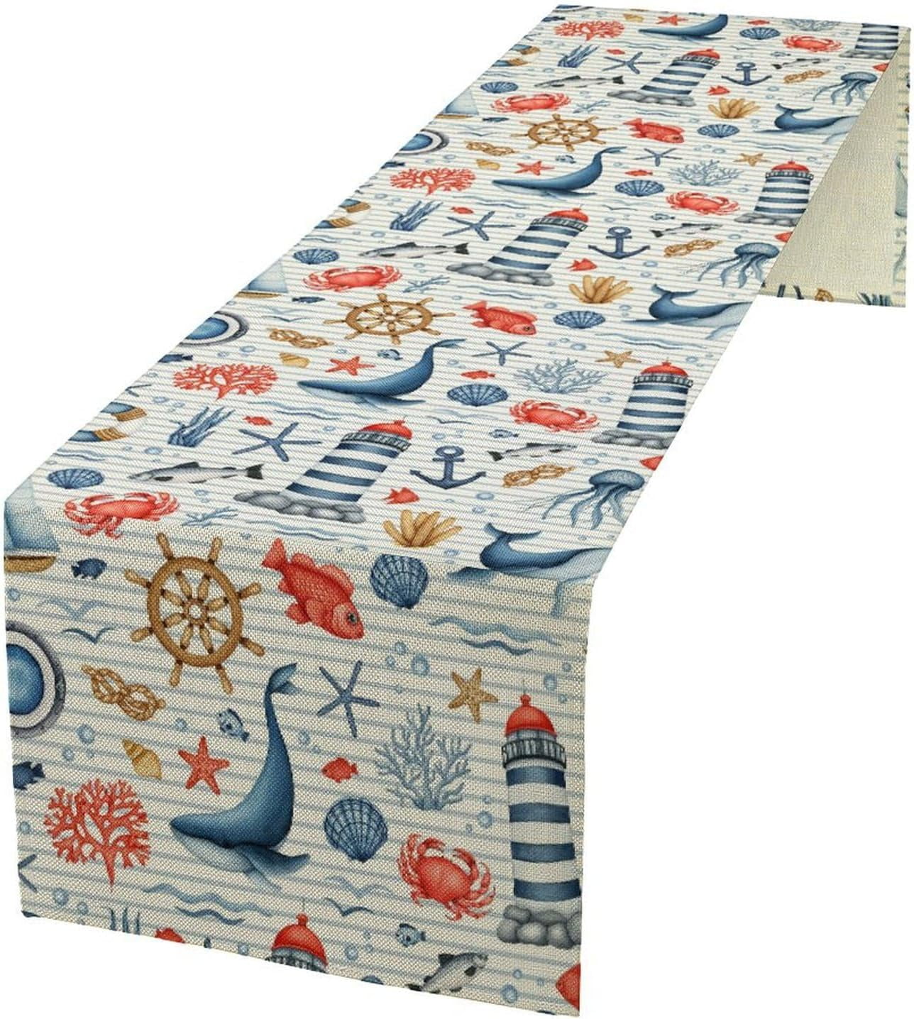 Ocean Table Runner, Watercolor Hand Painted Nautical Sea Animals Coral ...