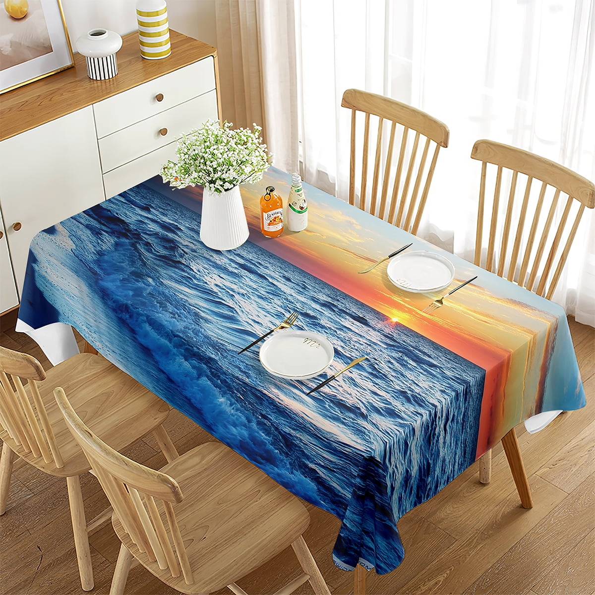 Ocean Tablecloth Romantic Sunset on The Beach Sun Rays Reflection on The Sea Picture Dining Room ...