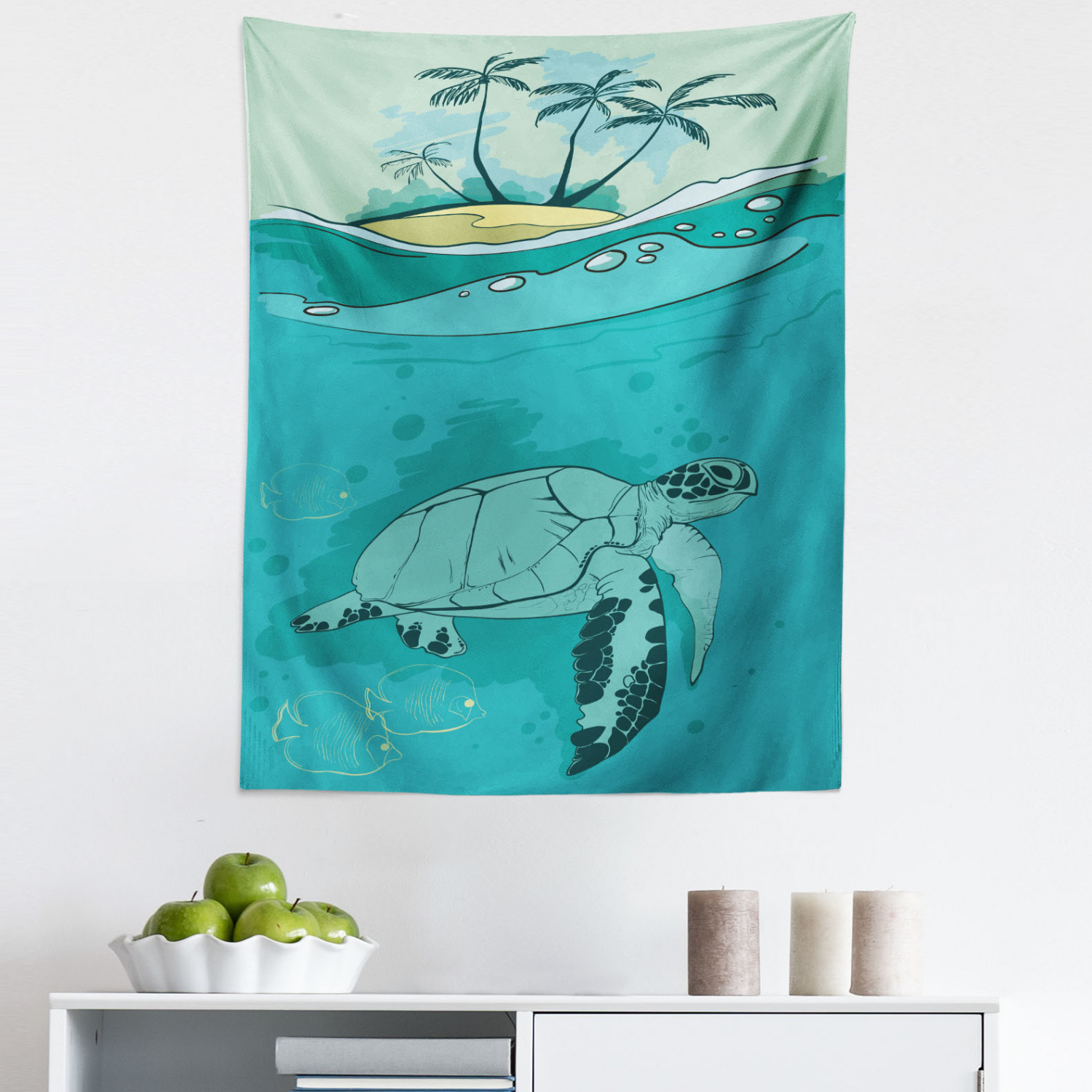 Ocean Tapestry, Sea Turtle Swimming Coral Reef Exotic Island Underwater ...