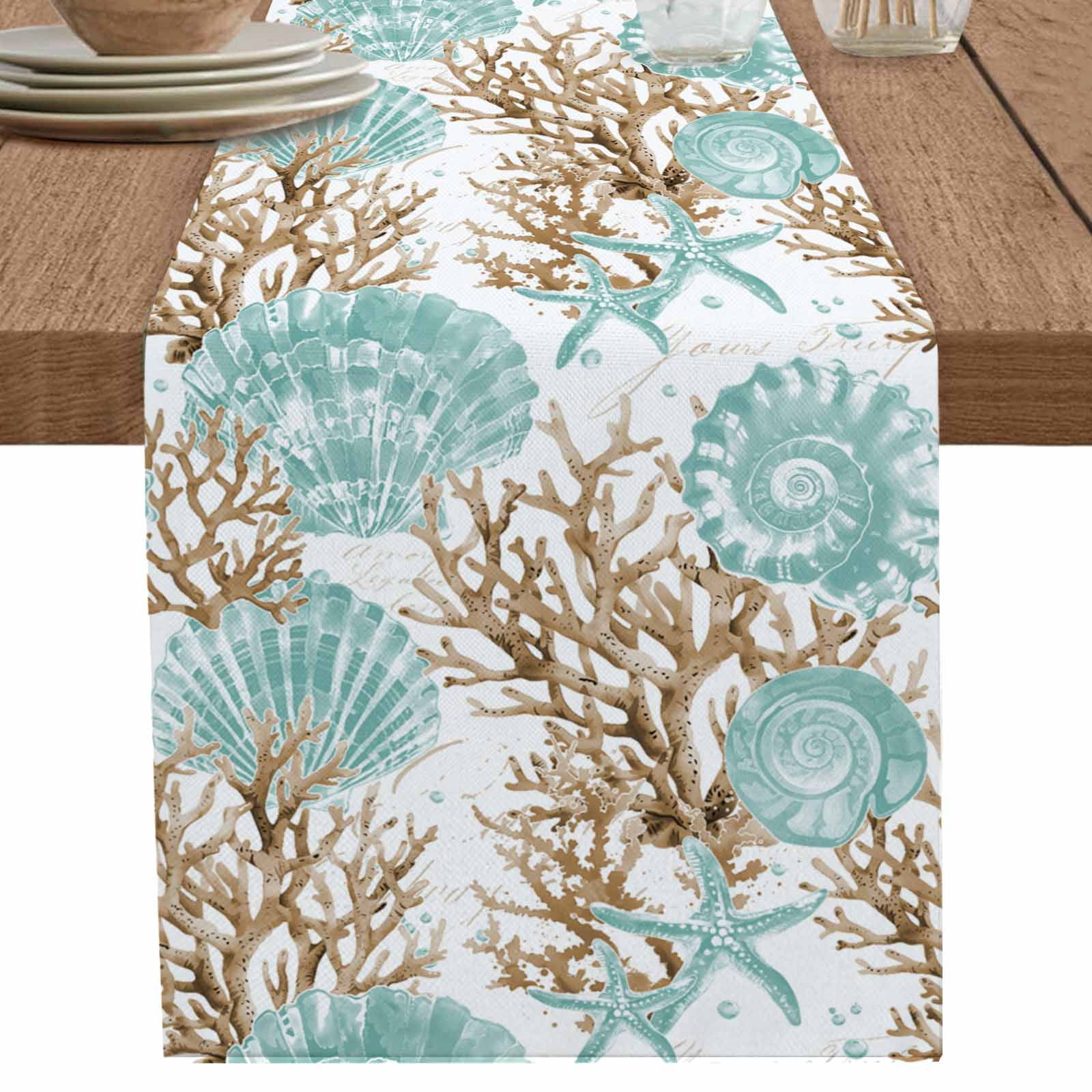 Ocean Teal Green Conch Brown Coral Table Runner-70 Inch Long Watercolor ...