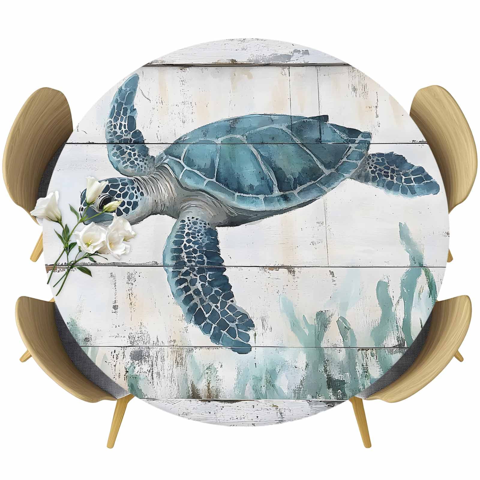 Ocean Teal Green Turtle Round Tablecloth 36-44 Inch Round Fitted Table ...