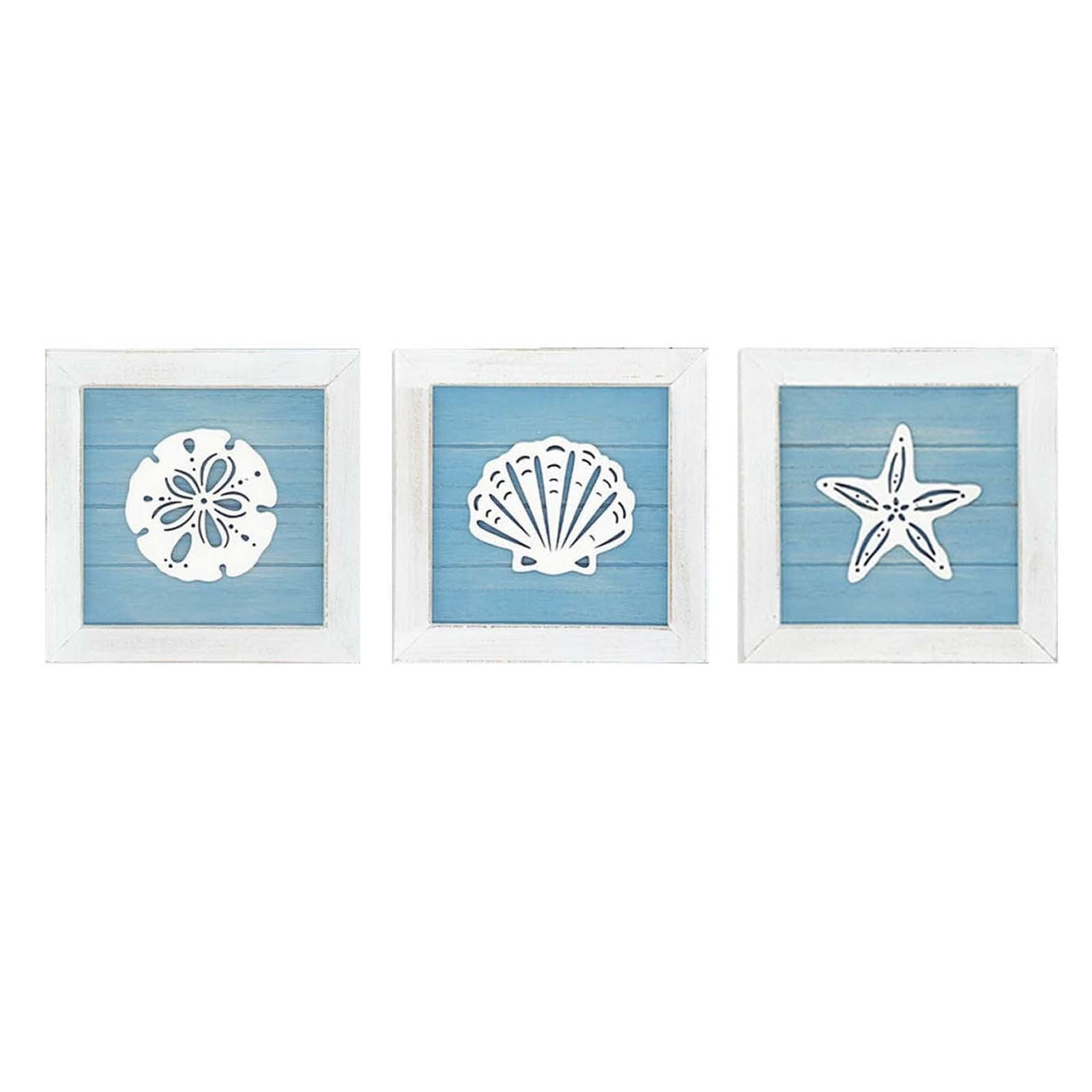Ocean Theme Wall Decor Set of 3, 7x7 in Rustic Beach Starfish Seashell ...