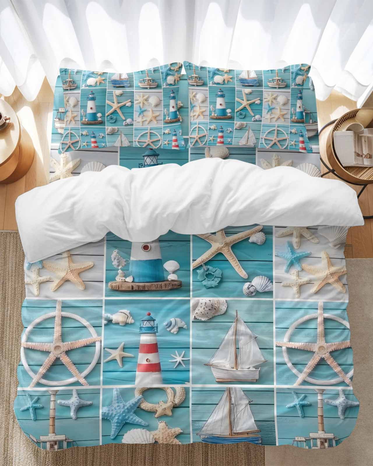 Ocean Theme Bedding Duvet Cover Set Queen Size 4 Pieces Beach Anchor ...
