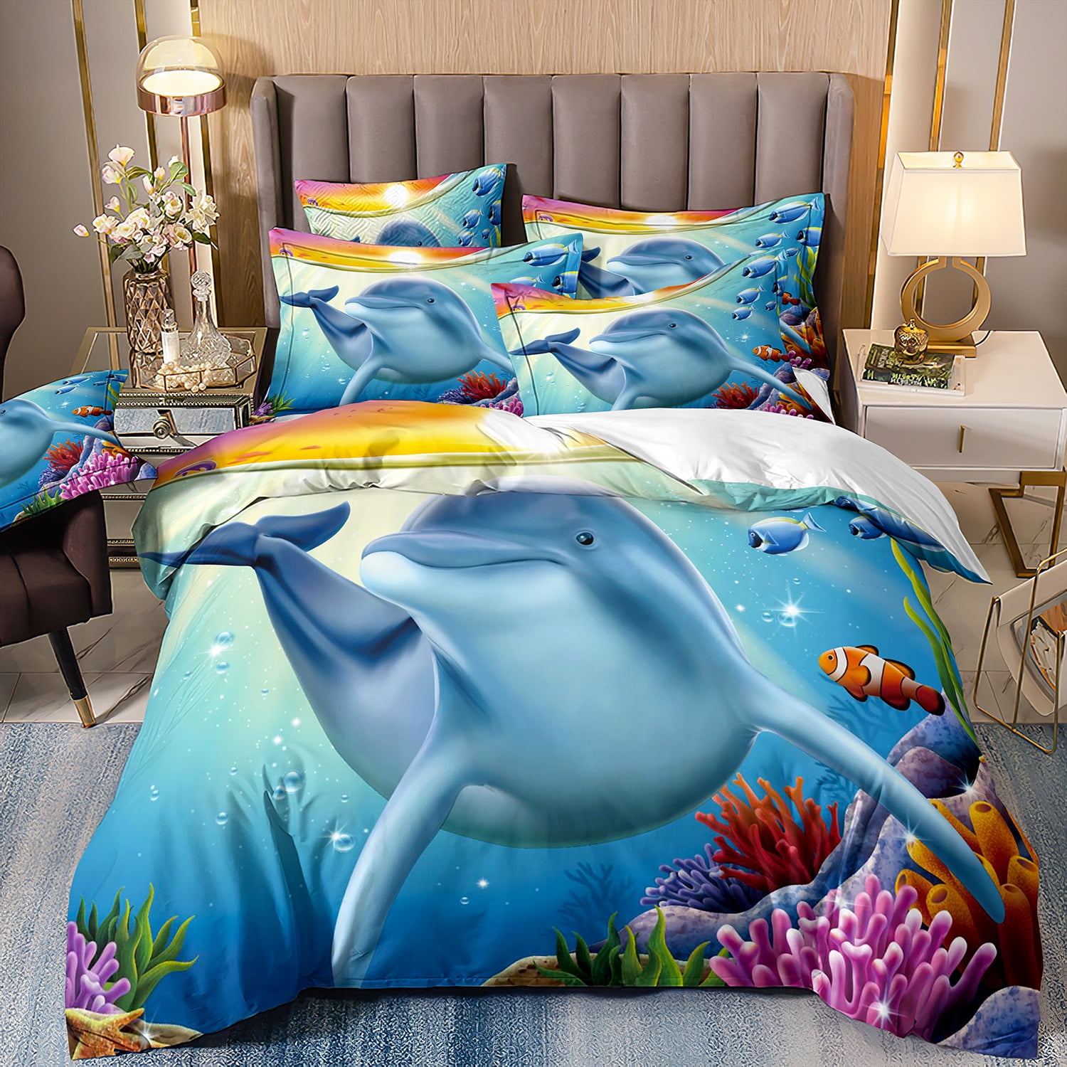 Ocean Theme Bedding Sets for Boys Girls Kids Adults Marine Animal Comforter Cover, Aesthetic Bed ...