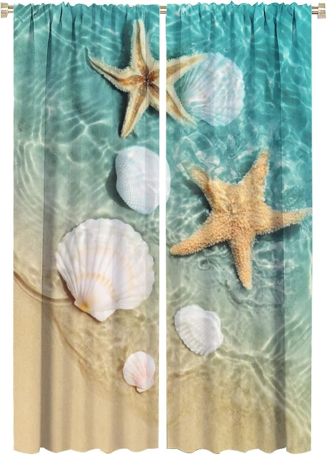 Ocean Theme Curtains, Starfish and Seashells Overflowing in Seawater ...