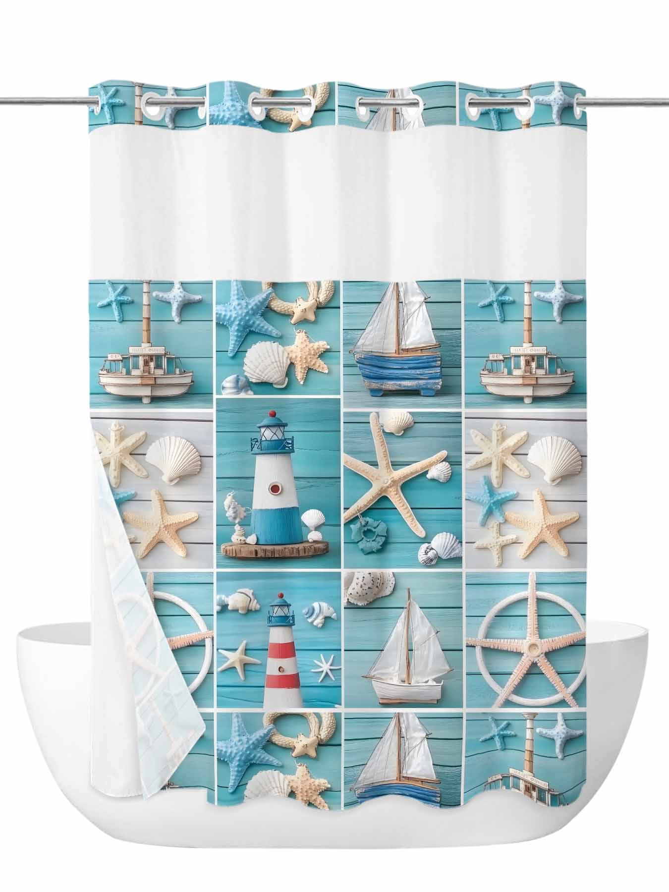Ocean Theme No Hook Shower Curtain and Liner Set Beach Anchor ...