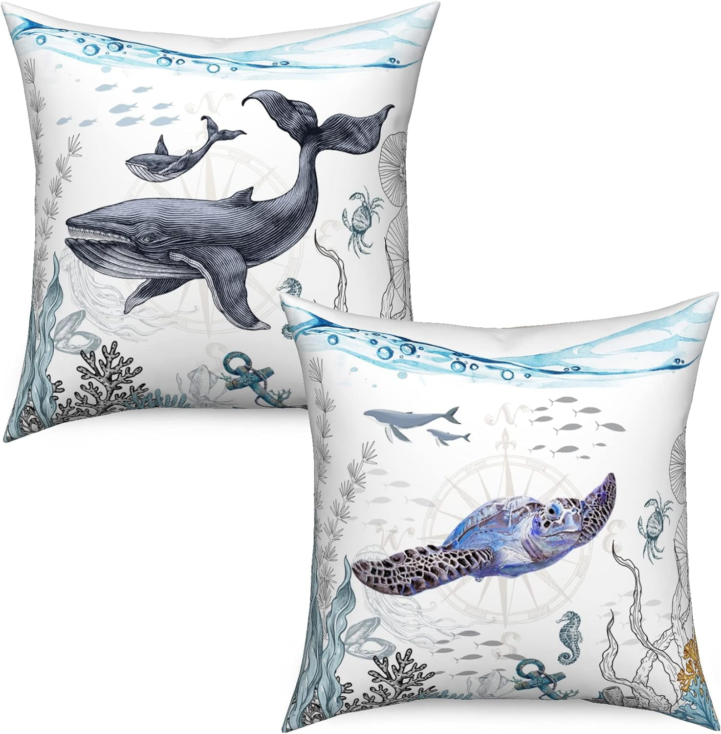 Ocean Theme Pillow Covers 16x16 Set of 2, Turtle Whale Throw Pillow ...