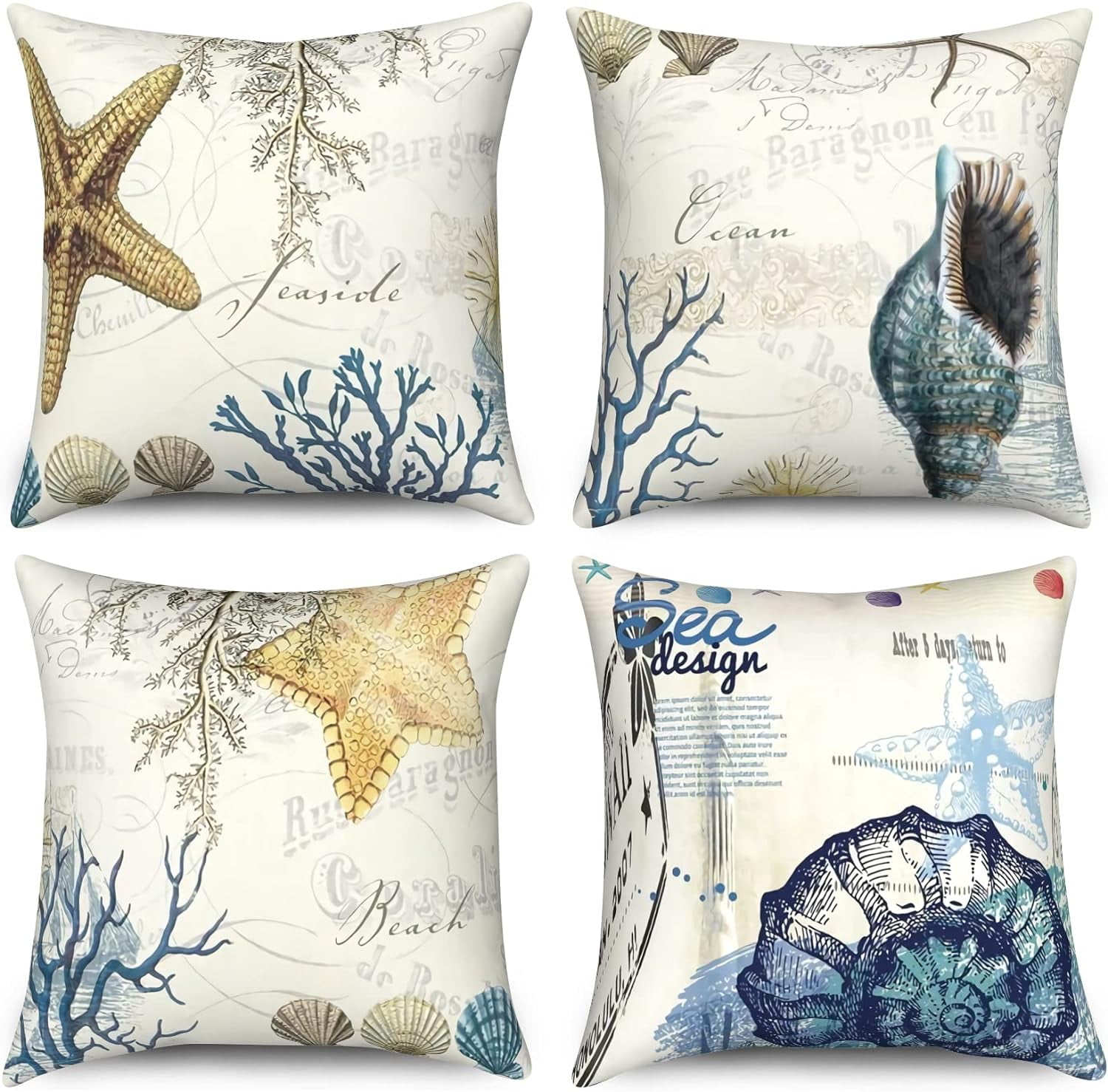 Ocean Theme Pillow Covers 16x16 Set of 4, Starfish Throw Pillow Covers ...