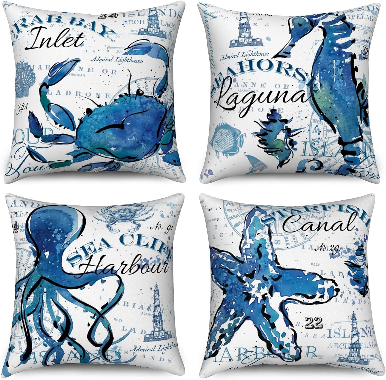 Ocean Theme Pillow Covers 20x20 Set of 4, Navy Blue Sea Animals Throw ...
