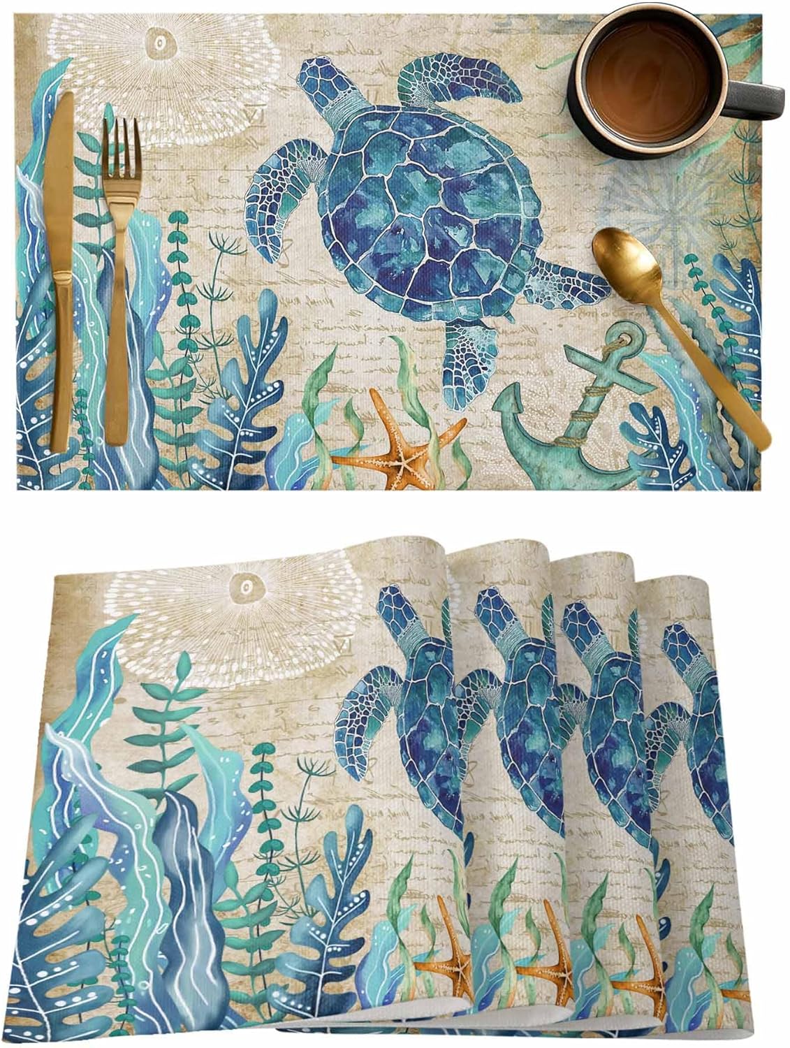 Ocean Theme Placemats Set of 6 Washable Blue Turtle Design Heat ...