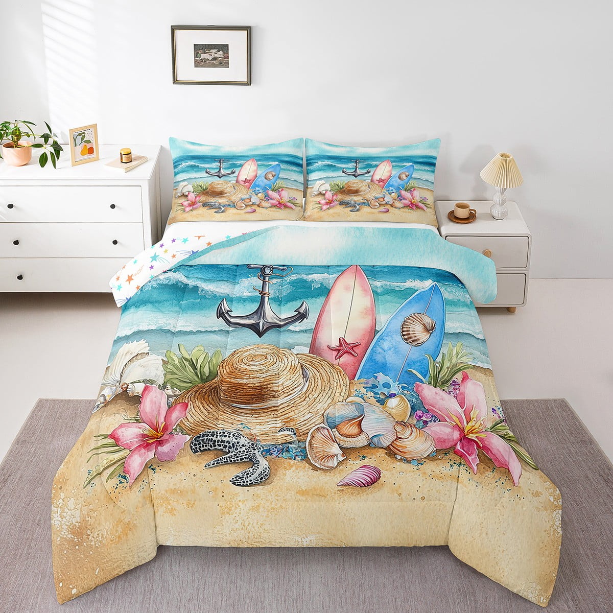 Ocean Theme Queen Comforter Set Sea Animal Bedding Ocean Anchor Print ...