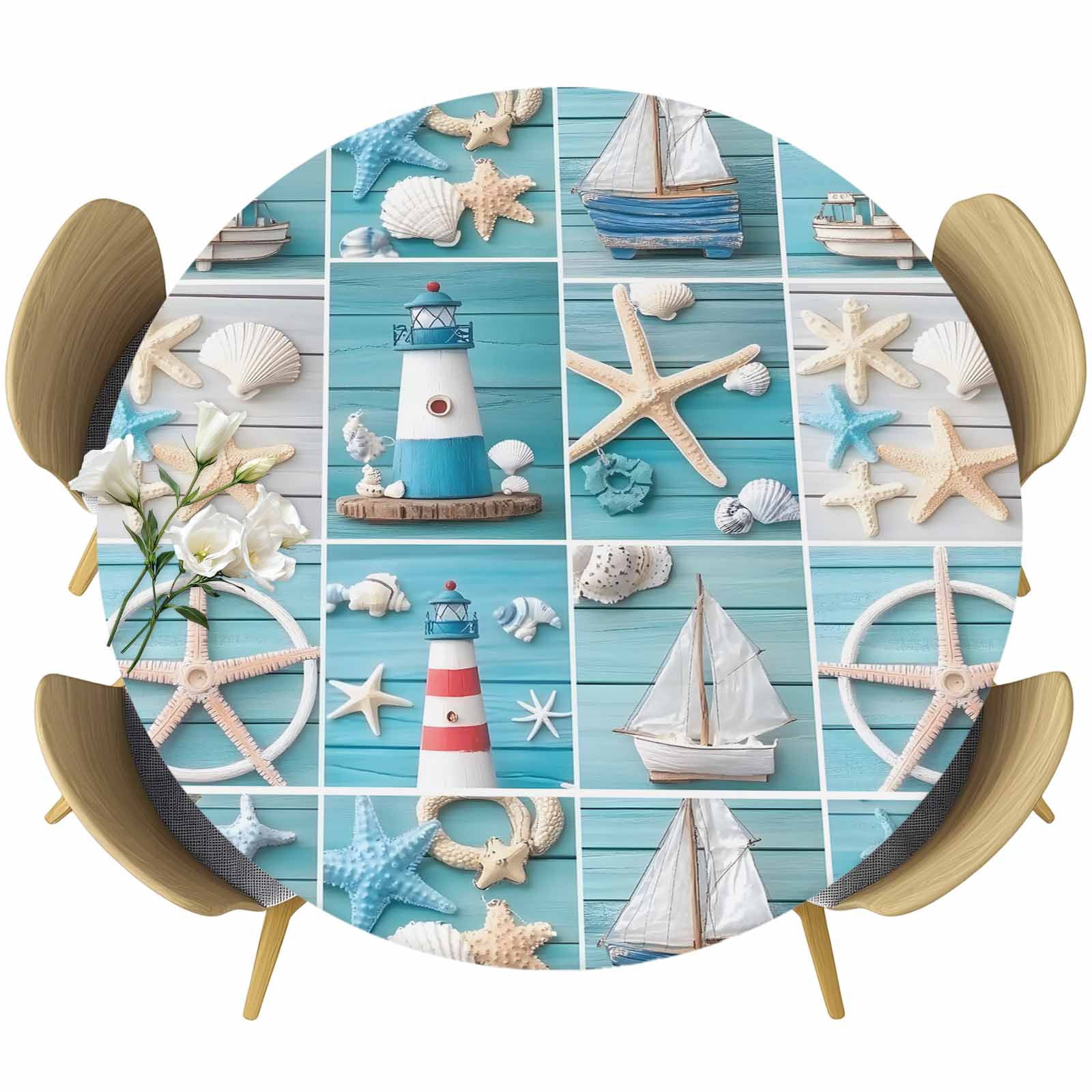 Ocean Theme Round Fitted Table Cover Beach Anchor Lighthouse Starfish ...