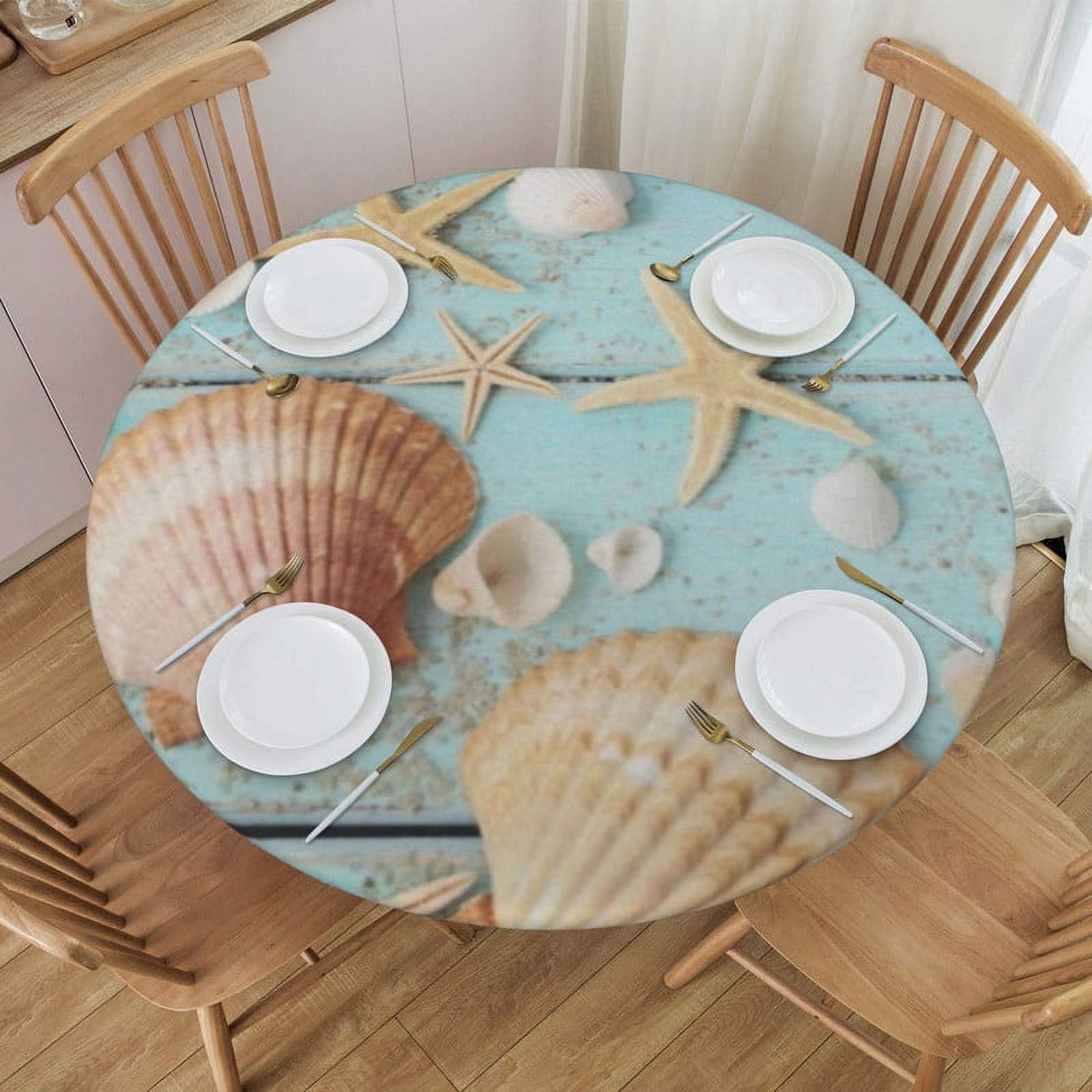 Ocean Theme Seashell Starfish Blue Round Fitted Tablecloth with Elastic ...