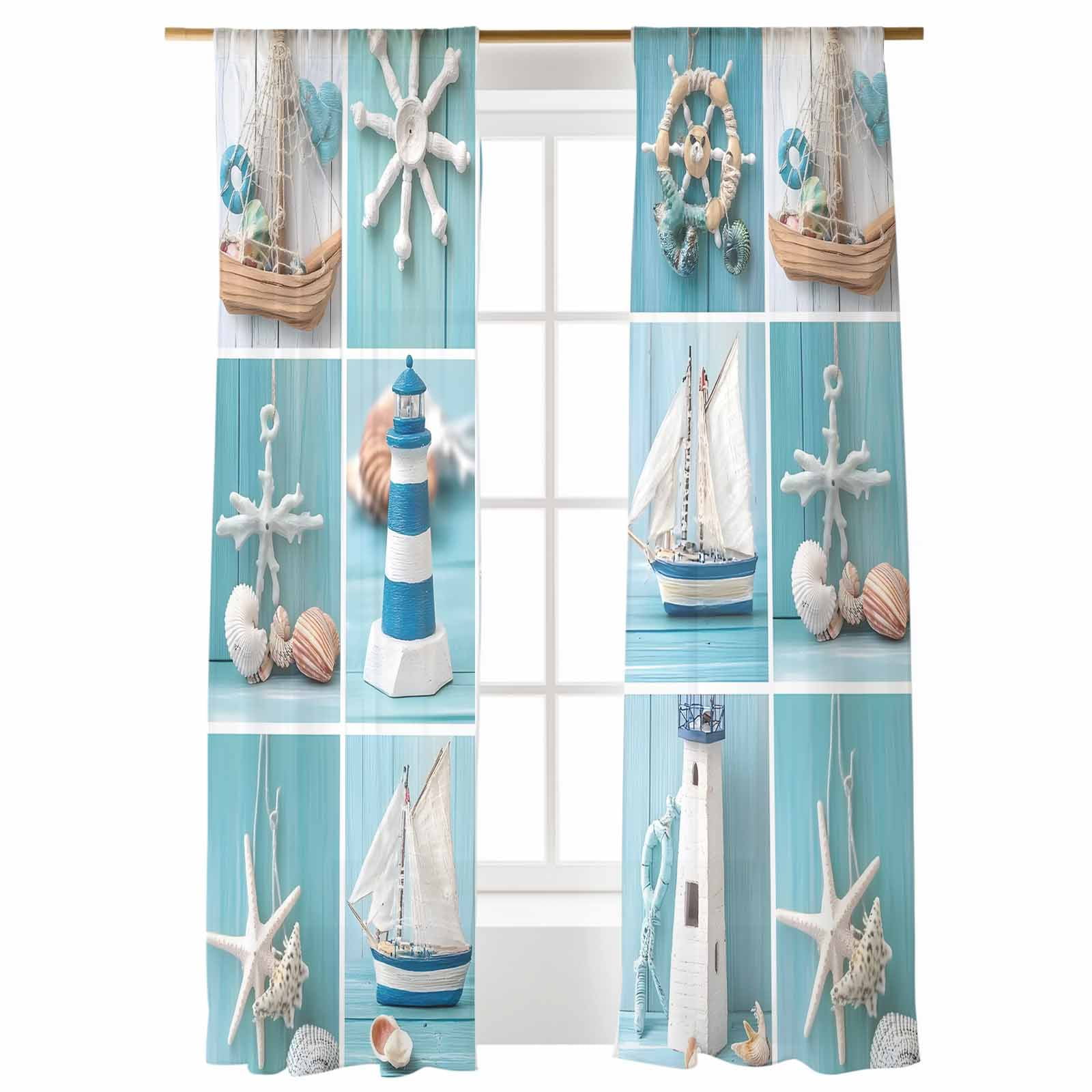 Ocean Theme Sheer Curtains 2 Panels Set, Anchor Lighthouse Starfish ...