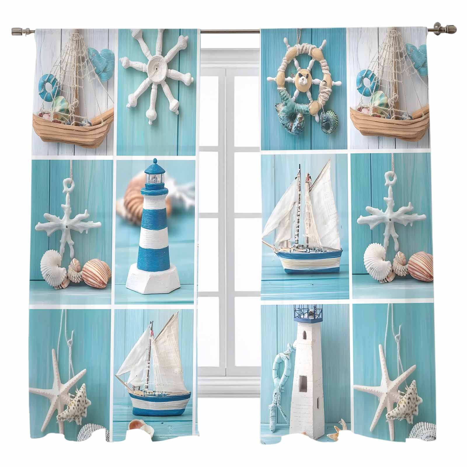 Ocean Theme Sheer Curtains 2 Panels Set, Anchor Lighthouse Starfish ...