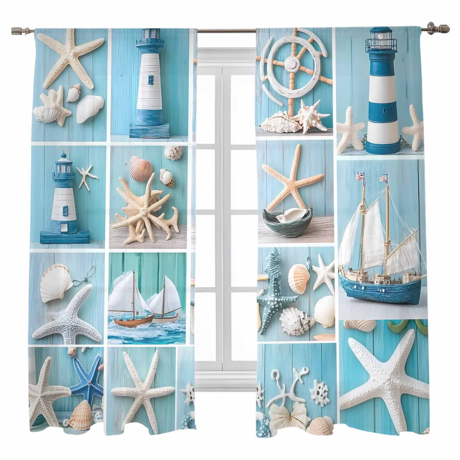 Ocean Theme Sheer Curtains 2 Panels Set, Anchor Lighthouse Starfish ...