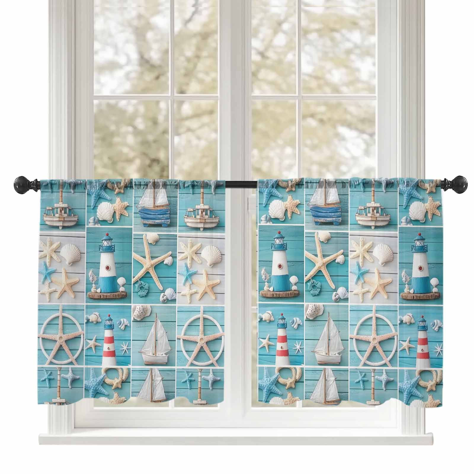 Ocean Theme Sheer Curtains 2 Panels Set, Beach Anchor Lighthouse ...