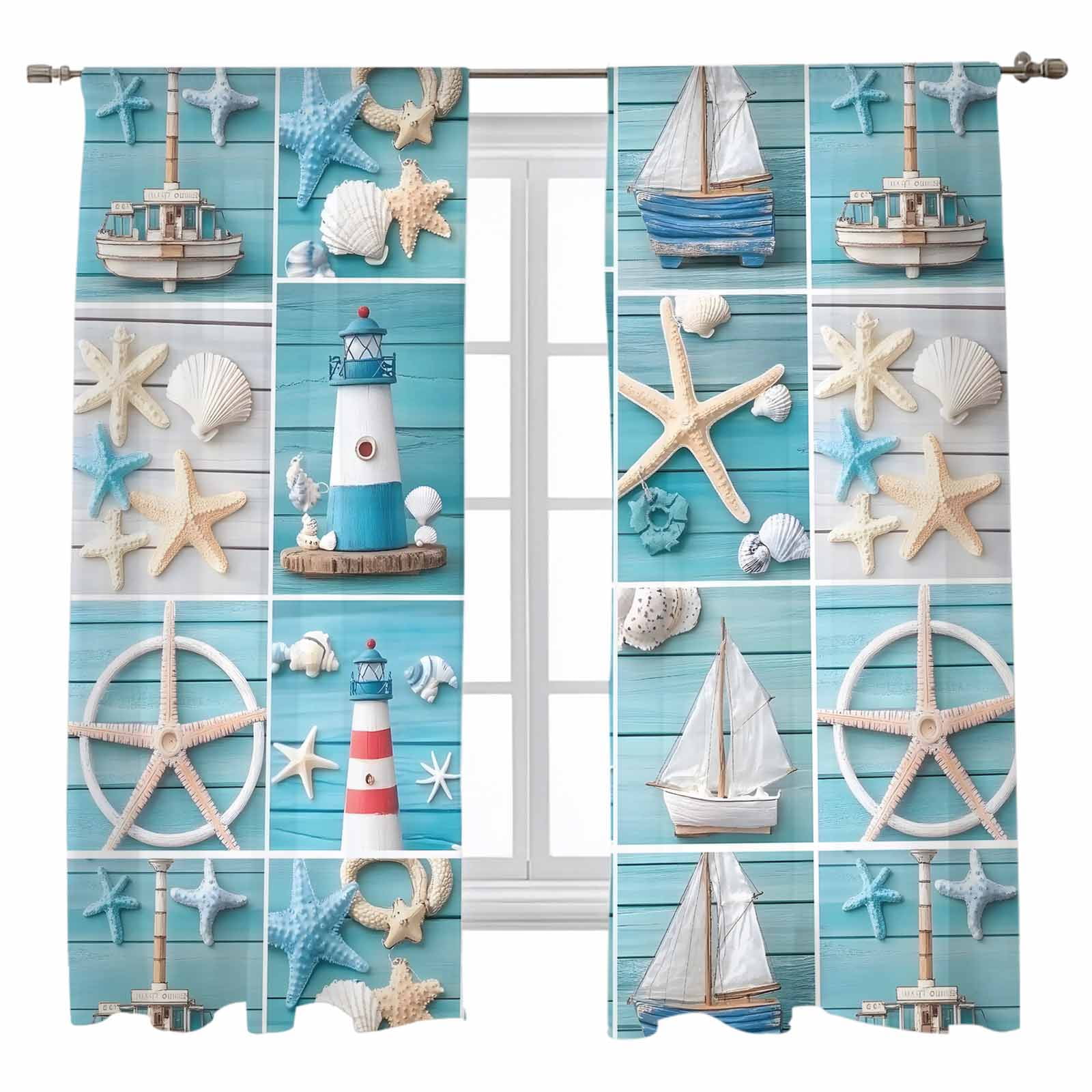 Ocean Theme Sheer Curtains 63 inches Long, Beach Anchor Lighthouse Starfish Blue Wood Light ...