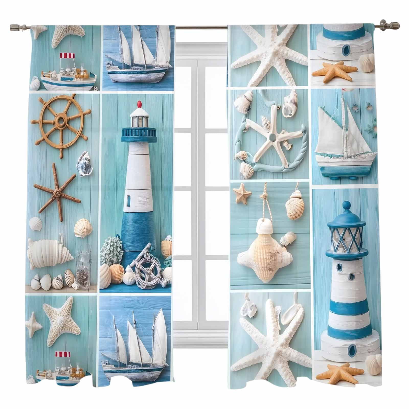 Ocean Theme Sheer Curtains 72 inches Long, Anchor Lighthouse Starfish ...