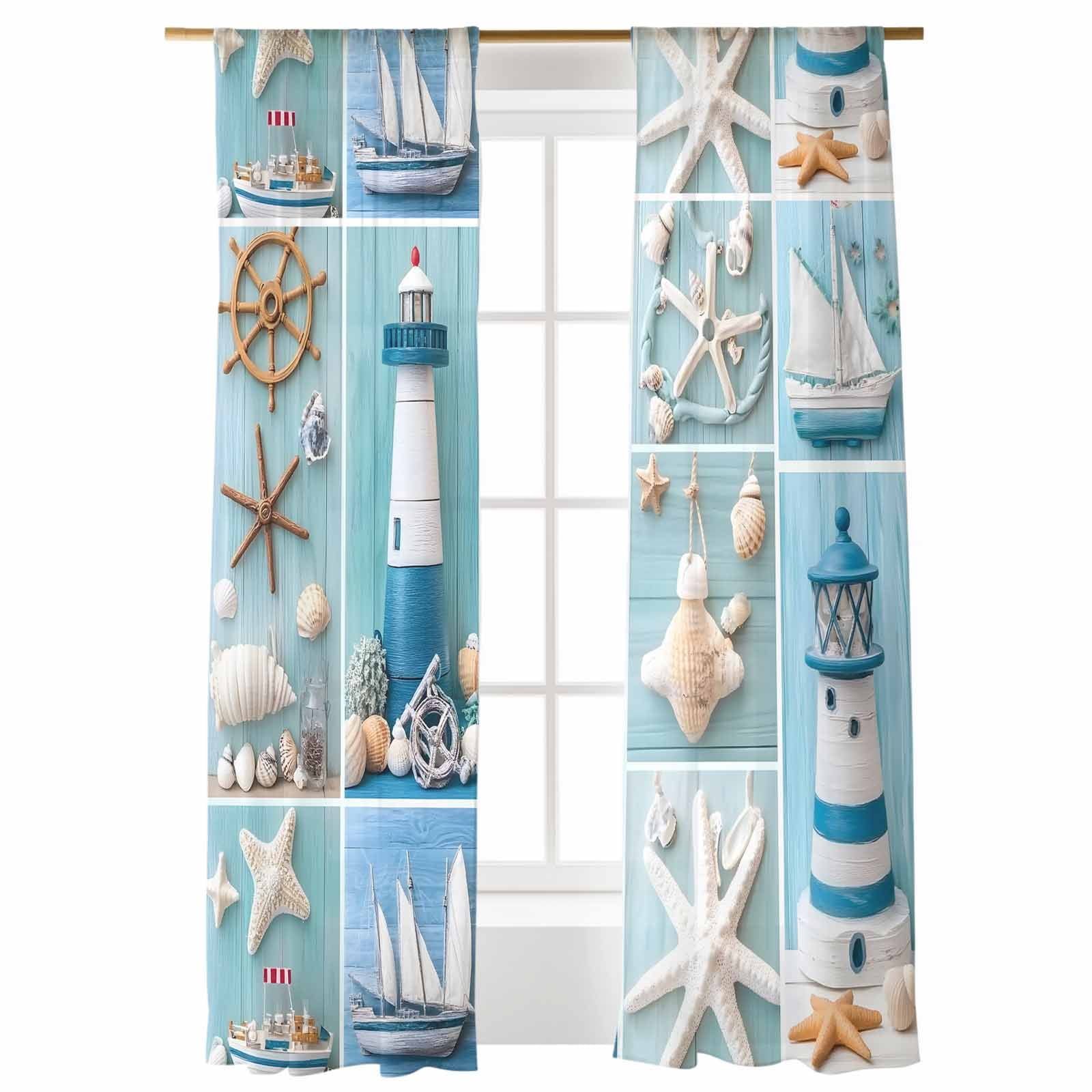 Ocean Theme Sheer Curtains 84 inches Long, Anchor Lighthouse Starfish Beach Shell Light ...