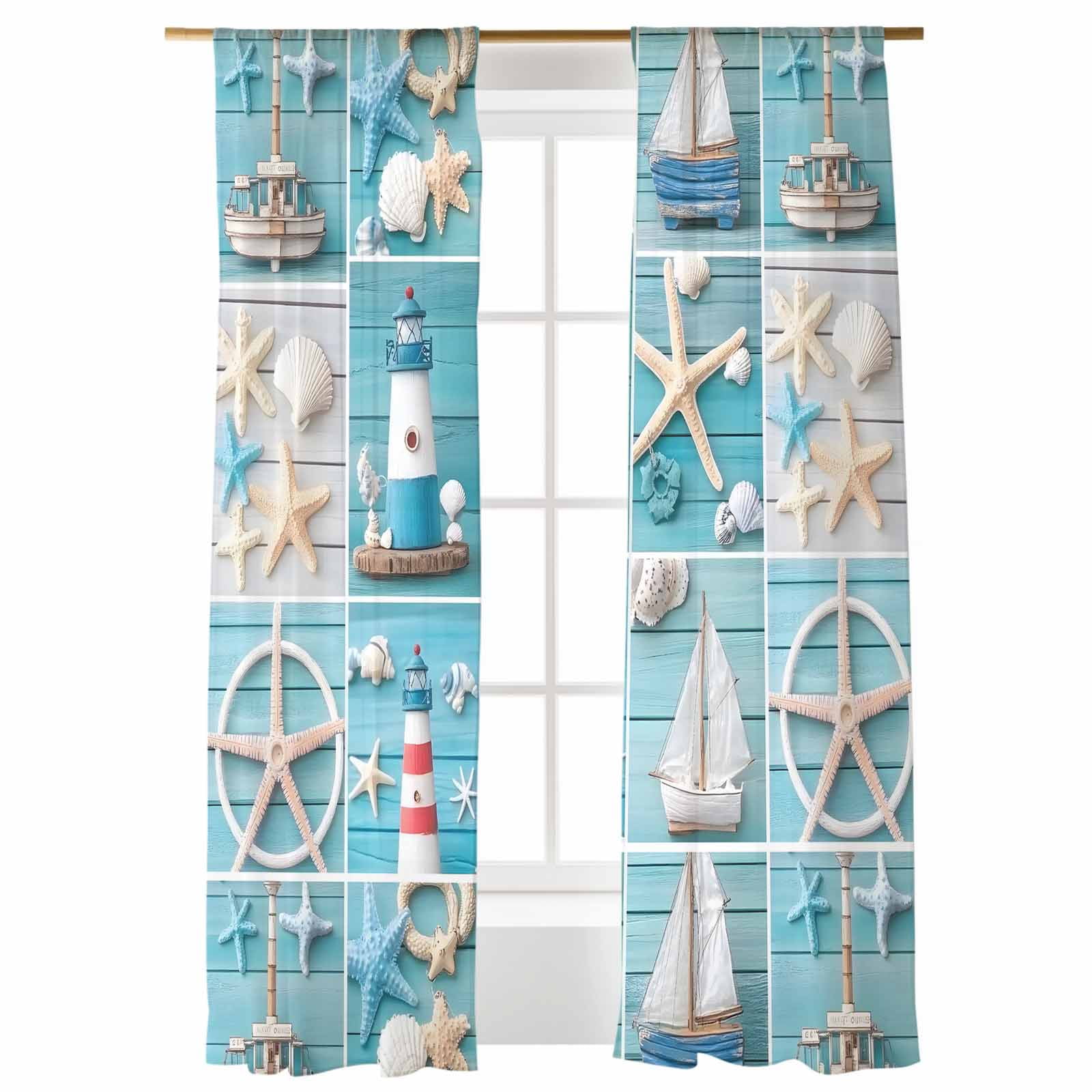 Ocean Theme Sheer Curtains 84 inches Long, Beach Anchor Lighthouse ...