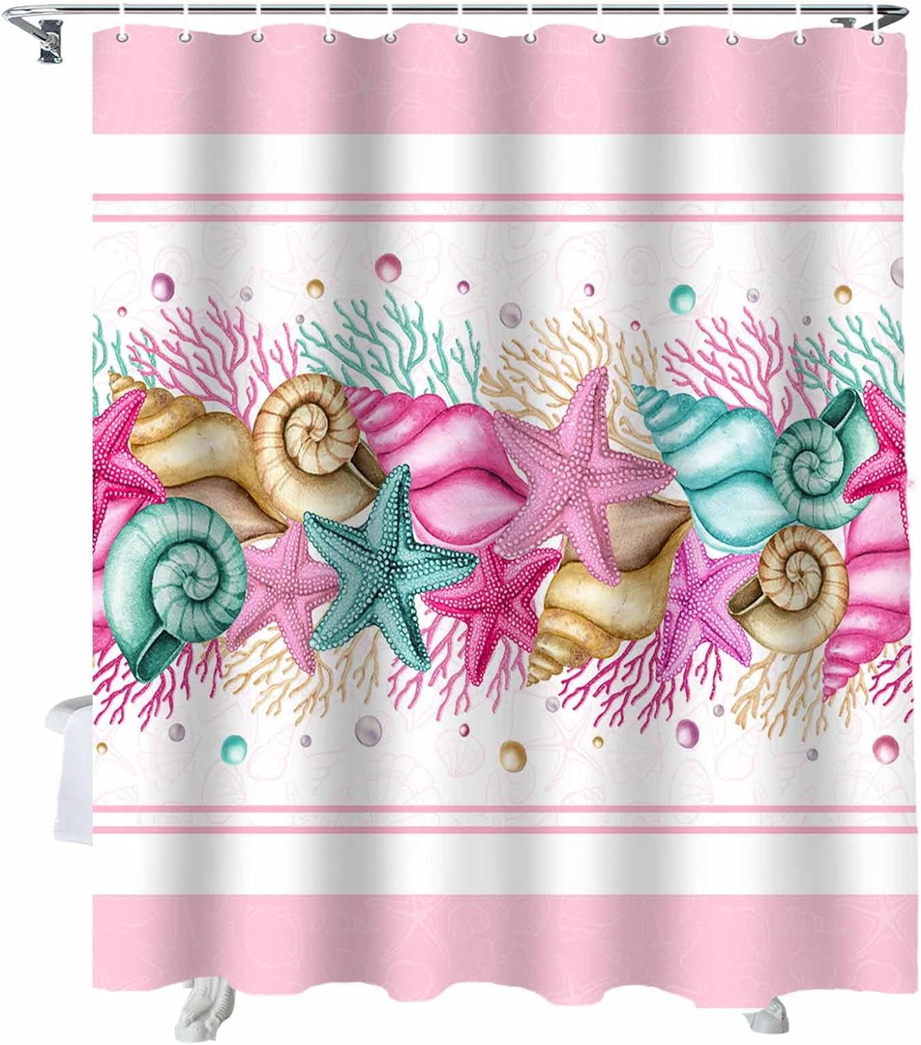 Ocean Theme Starfish Shells Shower Curtain, Pink Shower Curtain Set ...