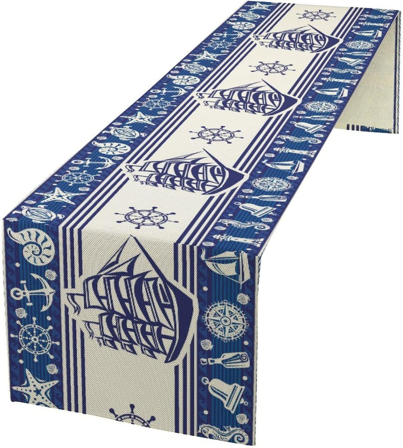 Ocean Theme Table Runner, Nautical Ocean Retro Anchor Starfish Seashell ...