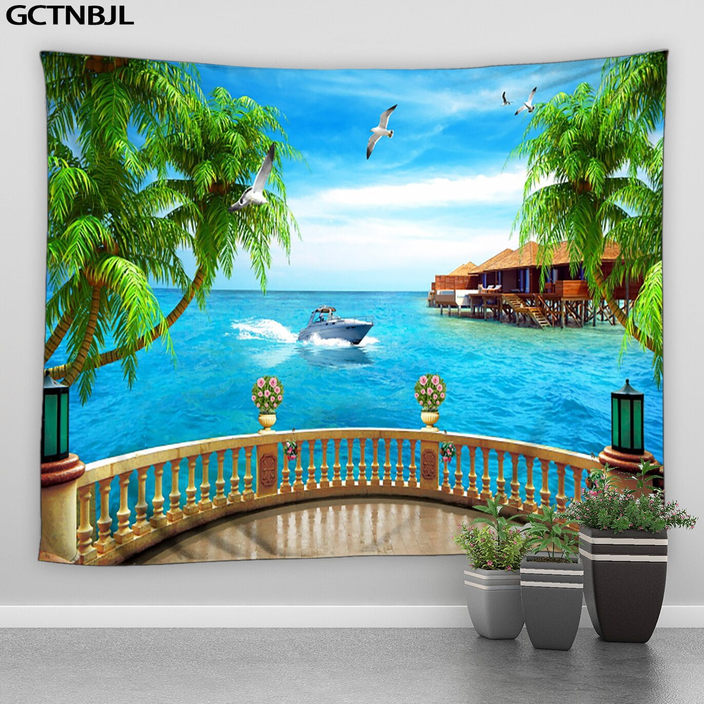 Ocean Theme Tapestry Faux Balcony Tropical Palm Tree Sea Dolphin ...
