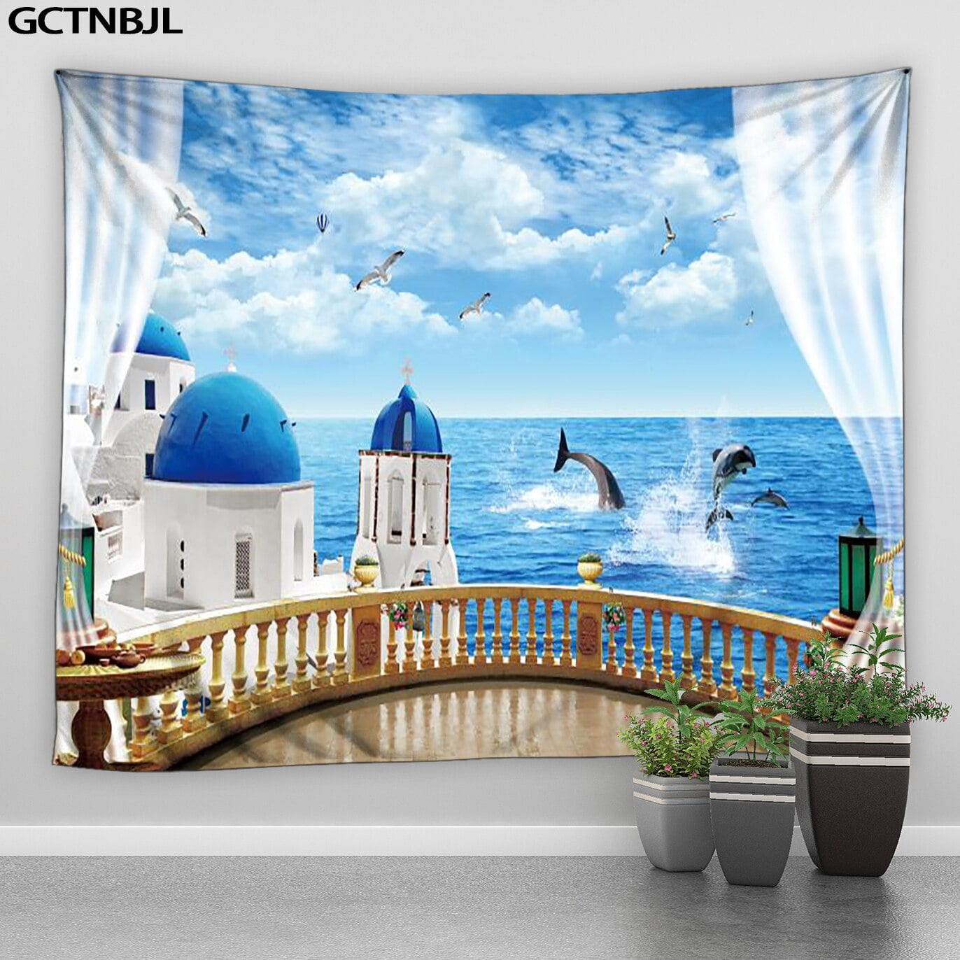 Ocean Theme Tapestry Faux Balcony Tropical Palm Tree Sea Dolphin ...