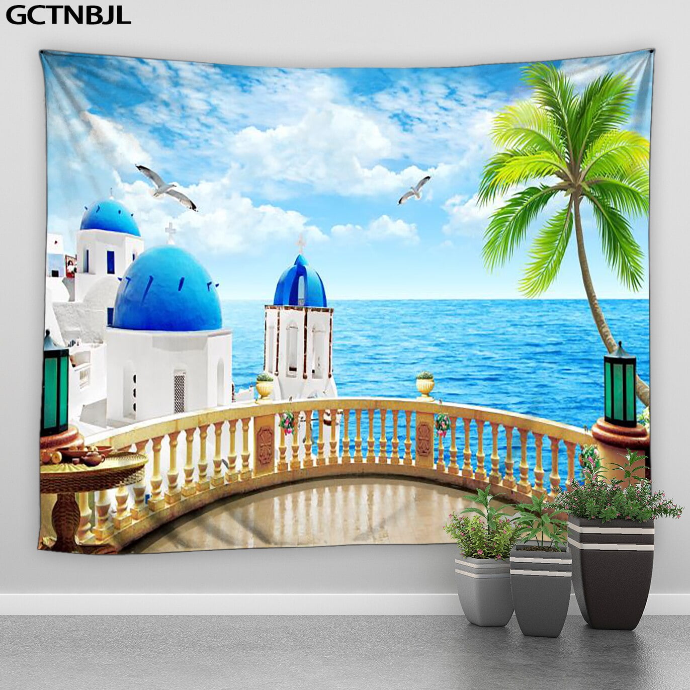 Ocean Theme Tapestry Faux Balcony Tropical Palm Tree Sea Dolphin ...