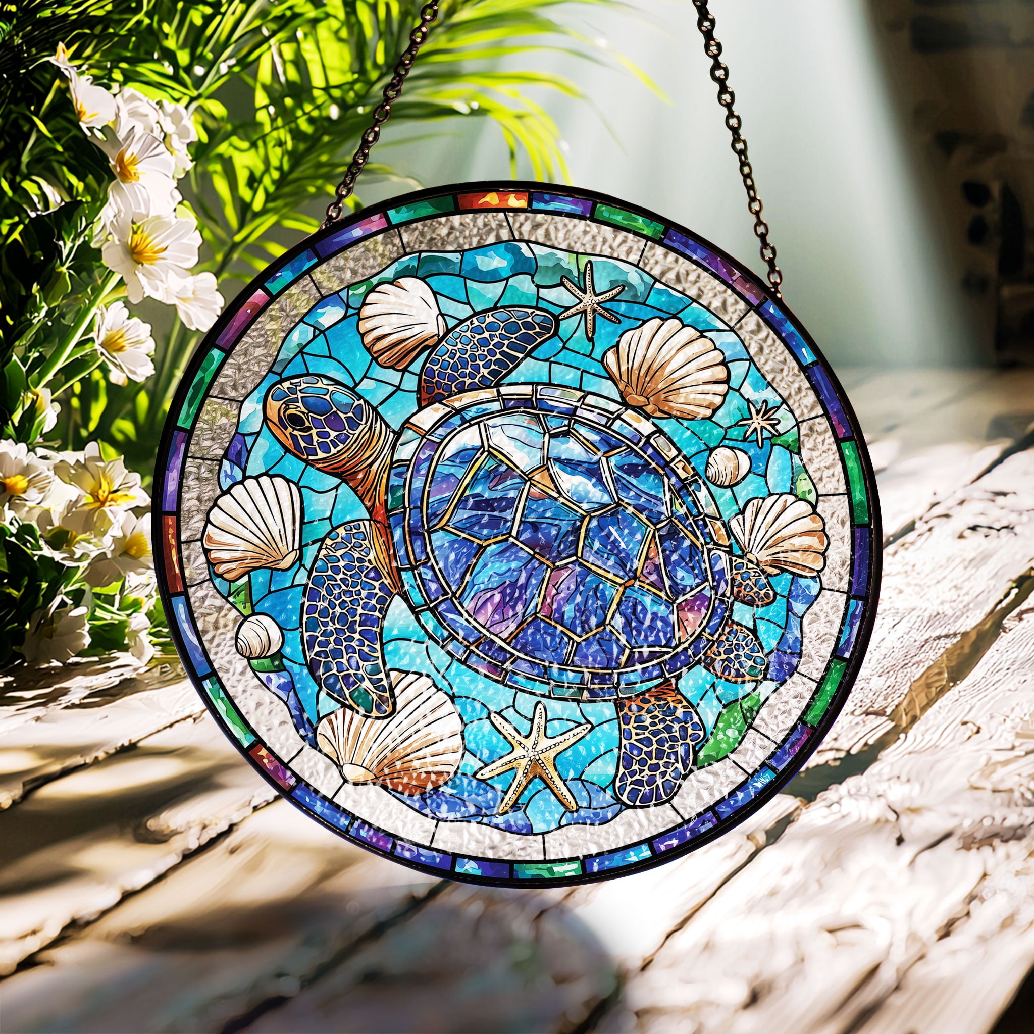 Ocean-Themed Acrylic Sea Turtle Suncatcher, Stained Glass Style Round ...