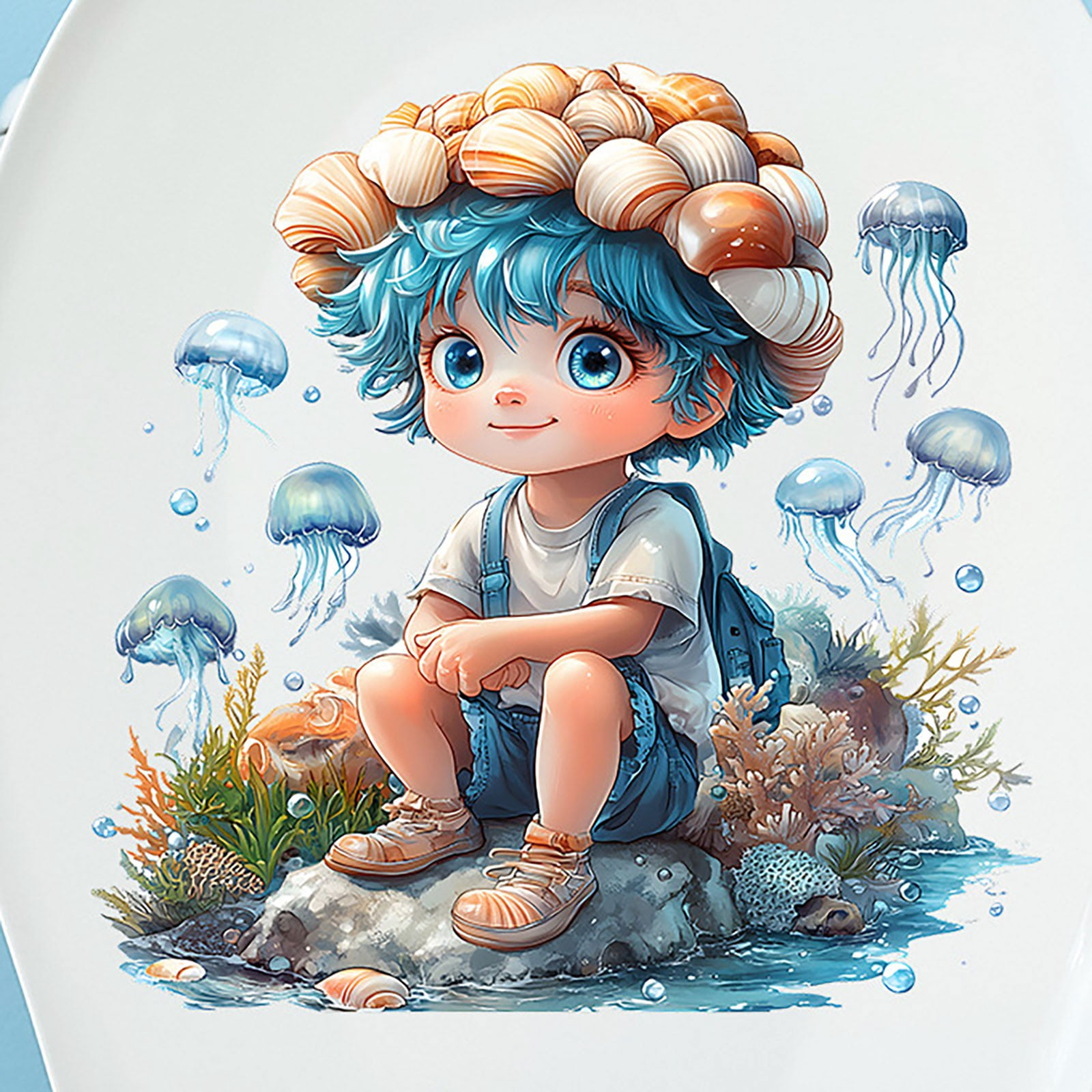 Ocean-Themed Art Print Child Sitting Amid Seashells and Jellyfish Wall ...