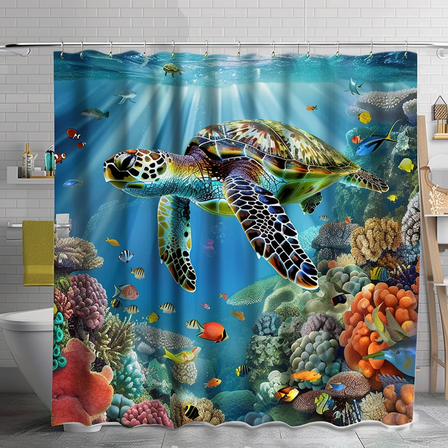 Ocean Themed Bathroom Decor Realistic Sea Turtle Shower Curtain Modern