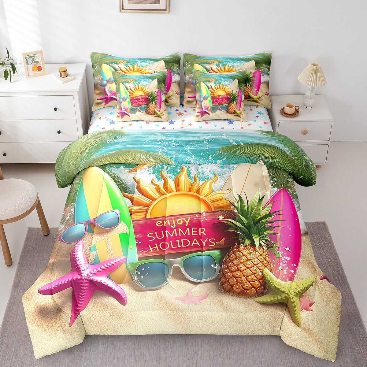 Ocean Themed Bed In A Bag Full 7 Pcs Hawaii Vacation Style Bedding Set ...