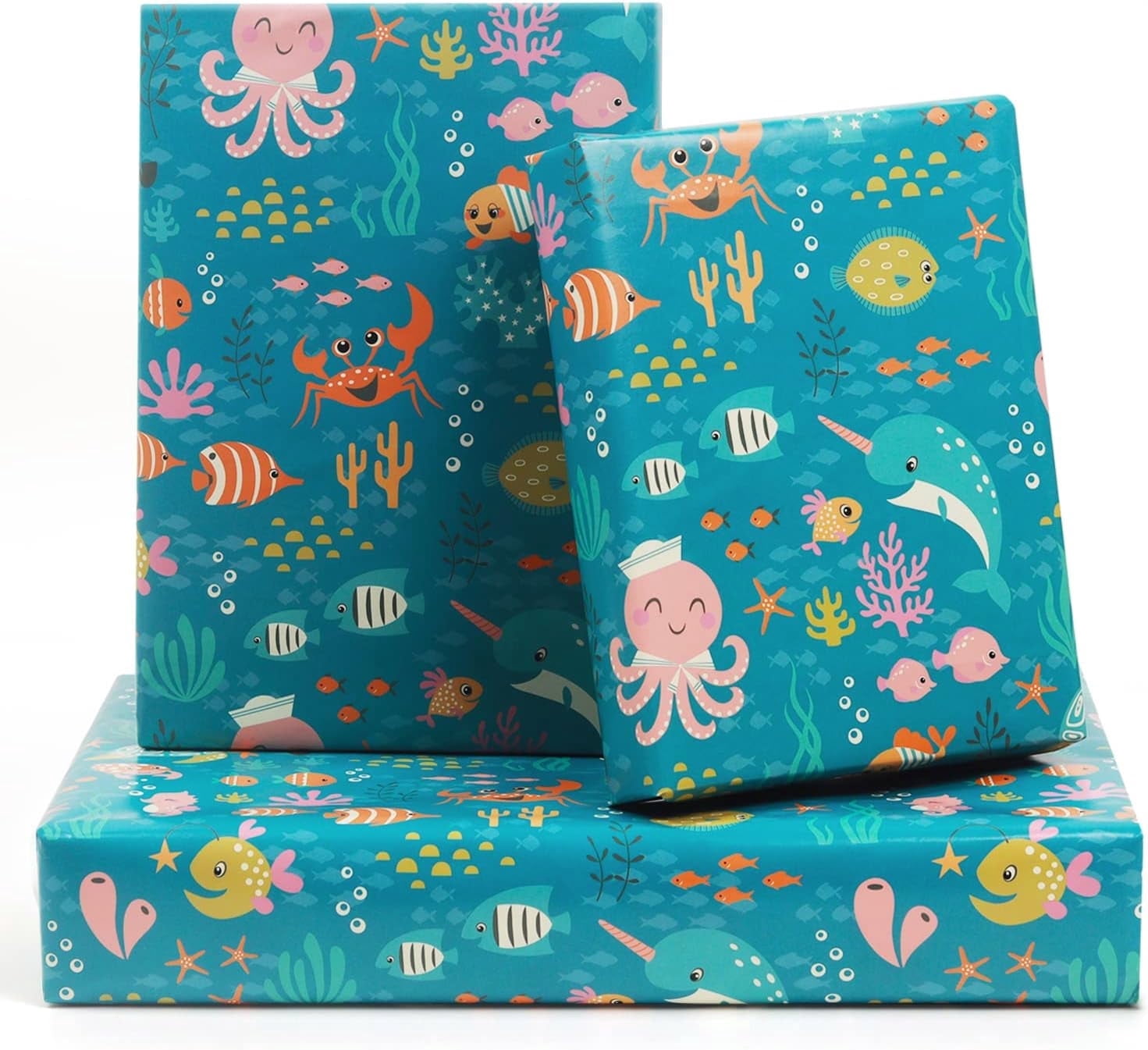 Ocean Themed Birthday Wrapping Paper for Kids Girls Boys, 6 Sheets ...